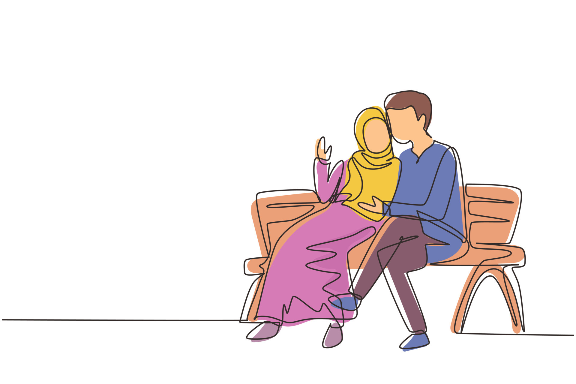 Single Continuous Line Drawing Romantic Arabic Couple On Bench In Park