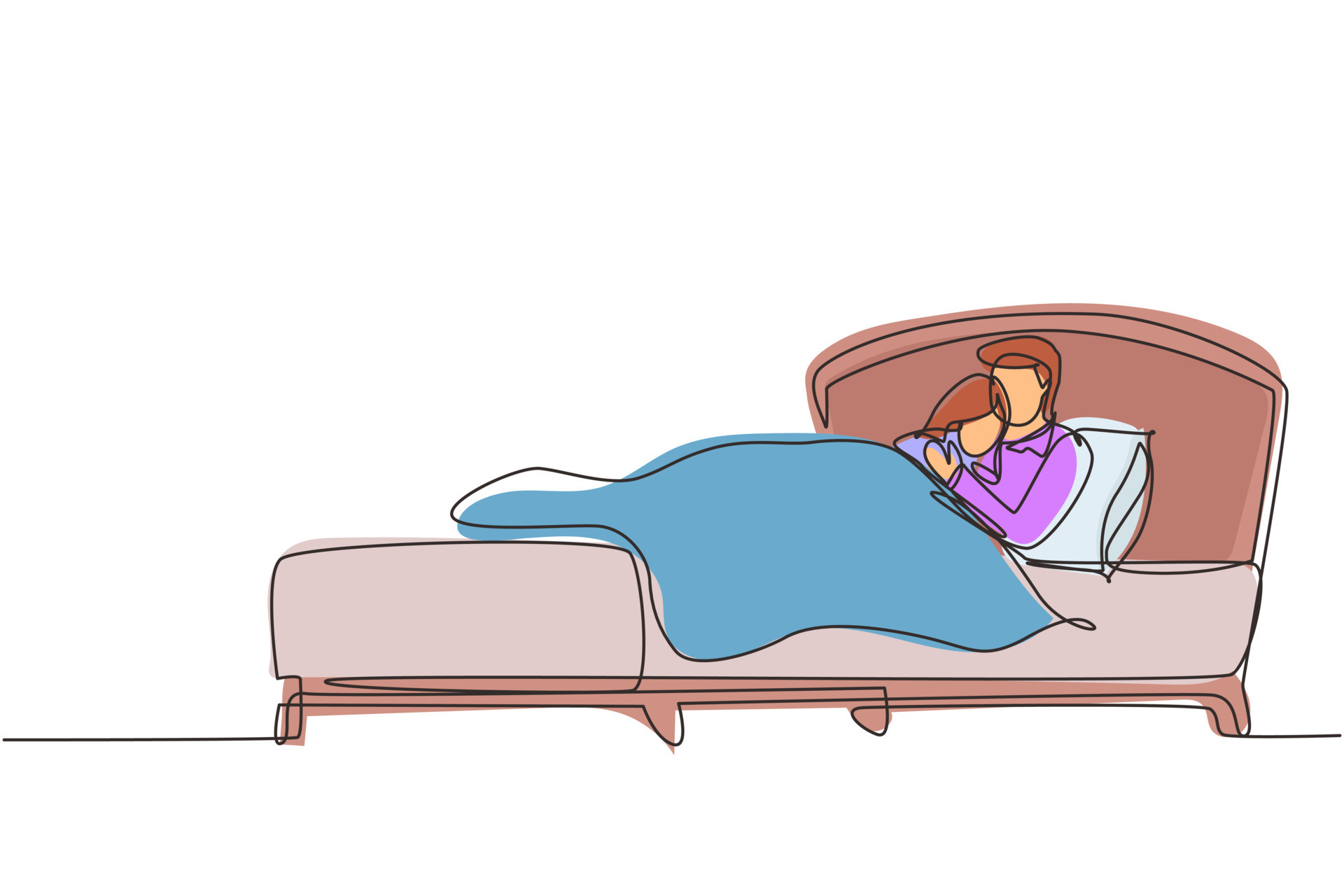 Single Continuous Line Drawing Wife And Husband Hugging And Lying On Bed Cute Couple Sleeping