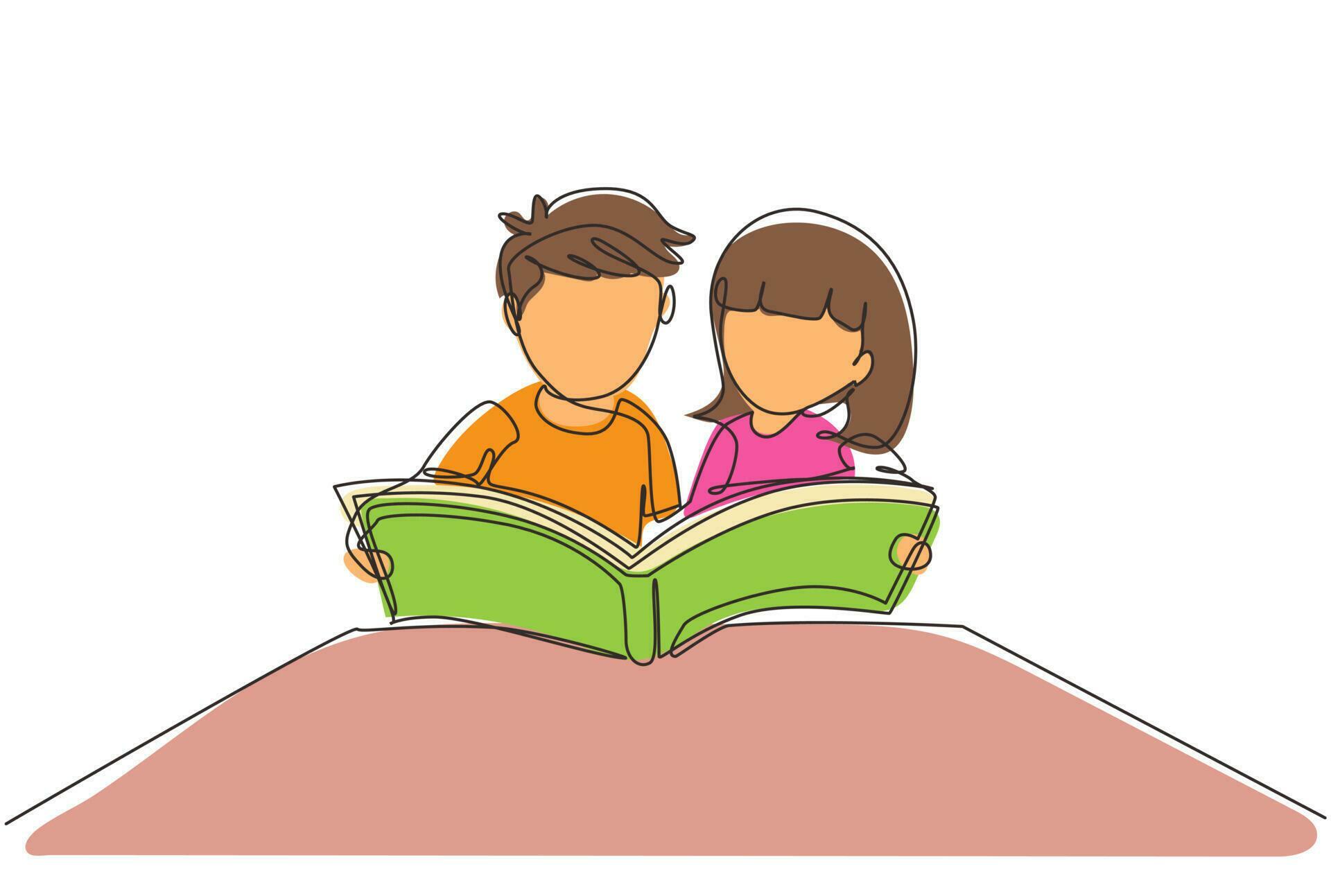 Continuous one line drawing kids, boy and girls reading book on table ...