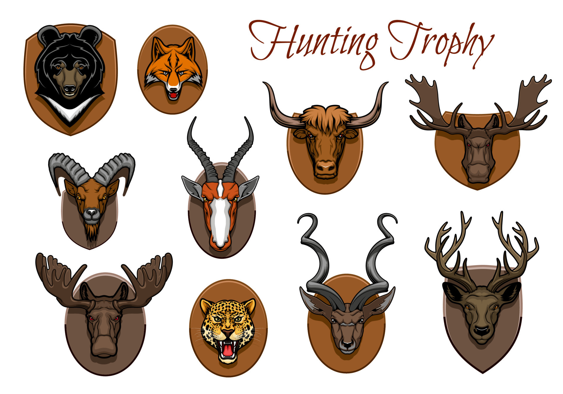Hunting sport trophy, animal heads and antlers 23498041 Vector Art at Vecteezy