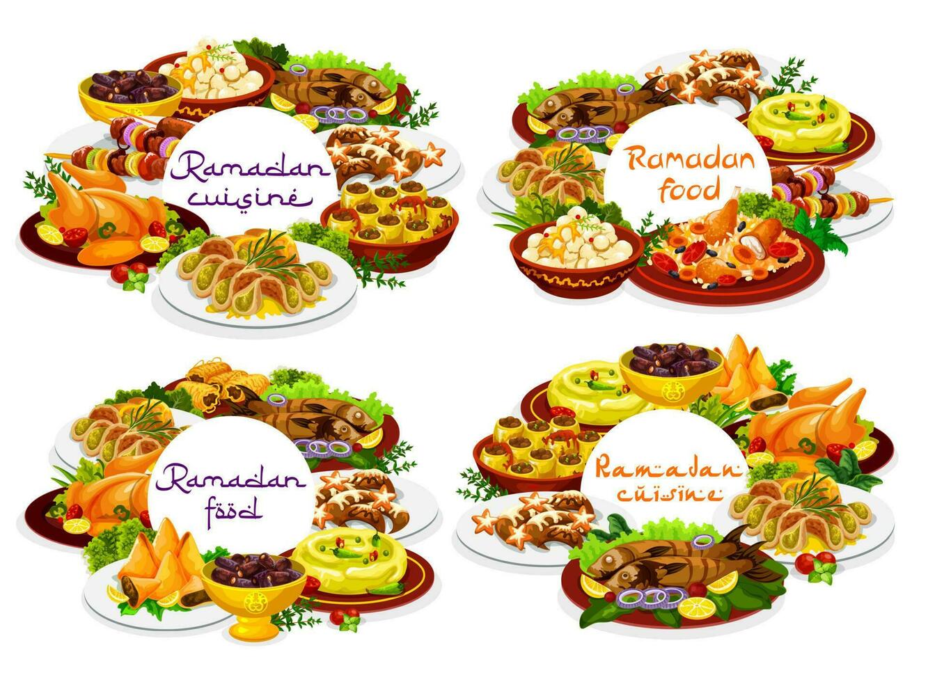 Ramadan food, Iftar Eid Mubarak menu meal dishes 23498314 Vector Art at ...