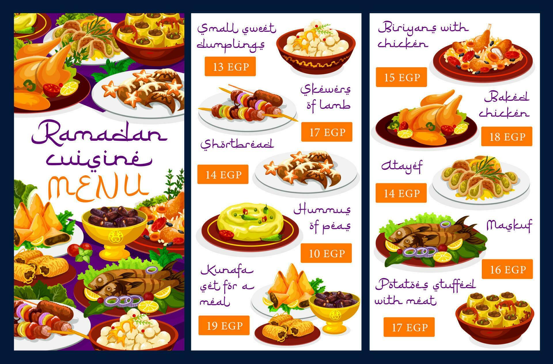Ramadan cuisine menu, Iftar food Islam meals 23503292 Vector Art at ...