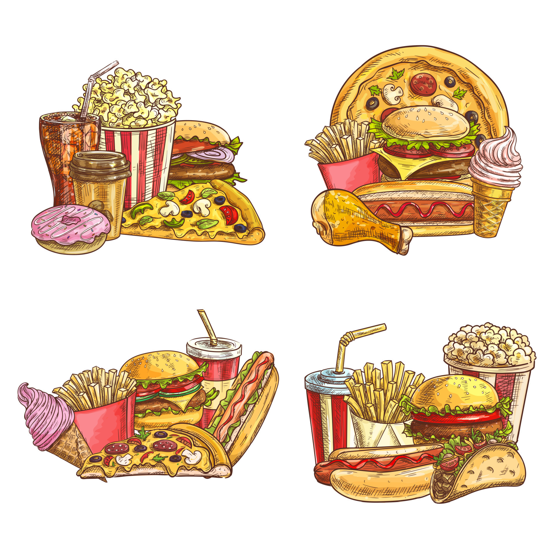 Takeaway fast food sketch. Vector set 23504354 Vector Art at Vecteezy Takeaway fast food sketch. Vector set 23504354 Vector Art at Vecteezy