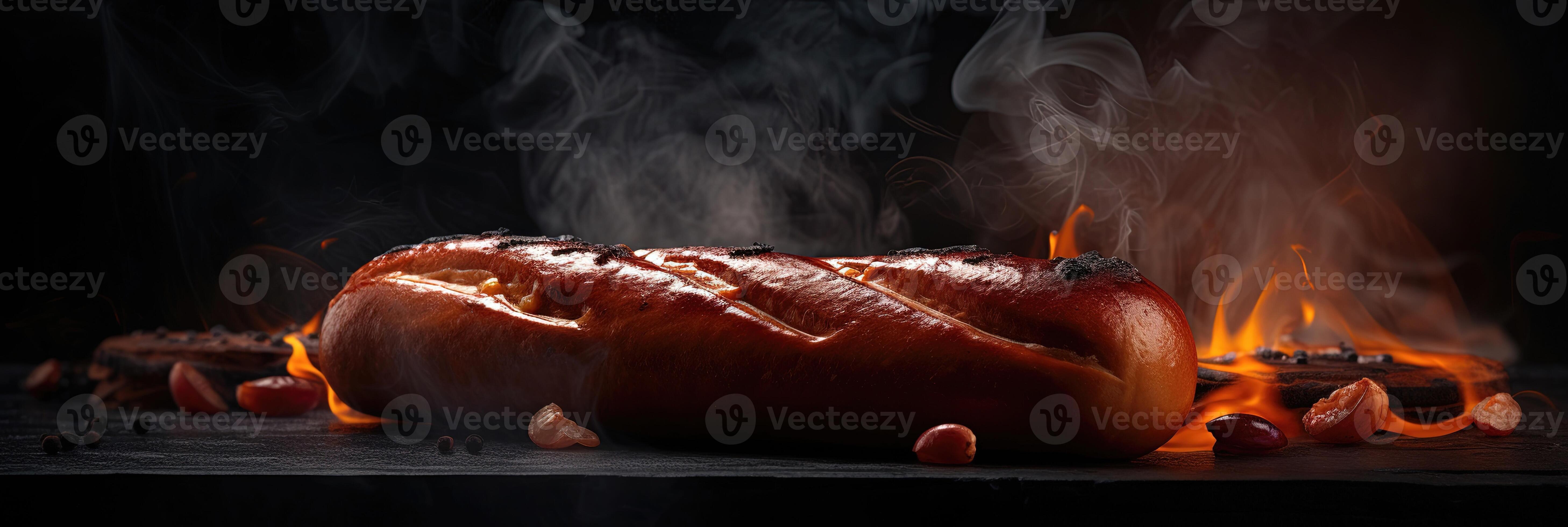 Juicy grilled sausage on a dark background, smoky flavor and mouth-watering aroma. Perfect for ...