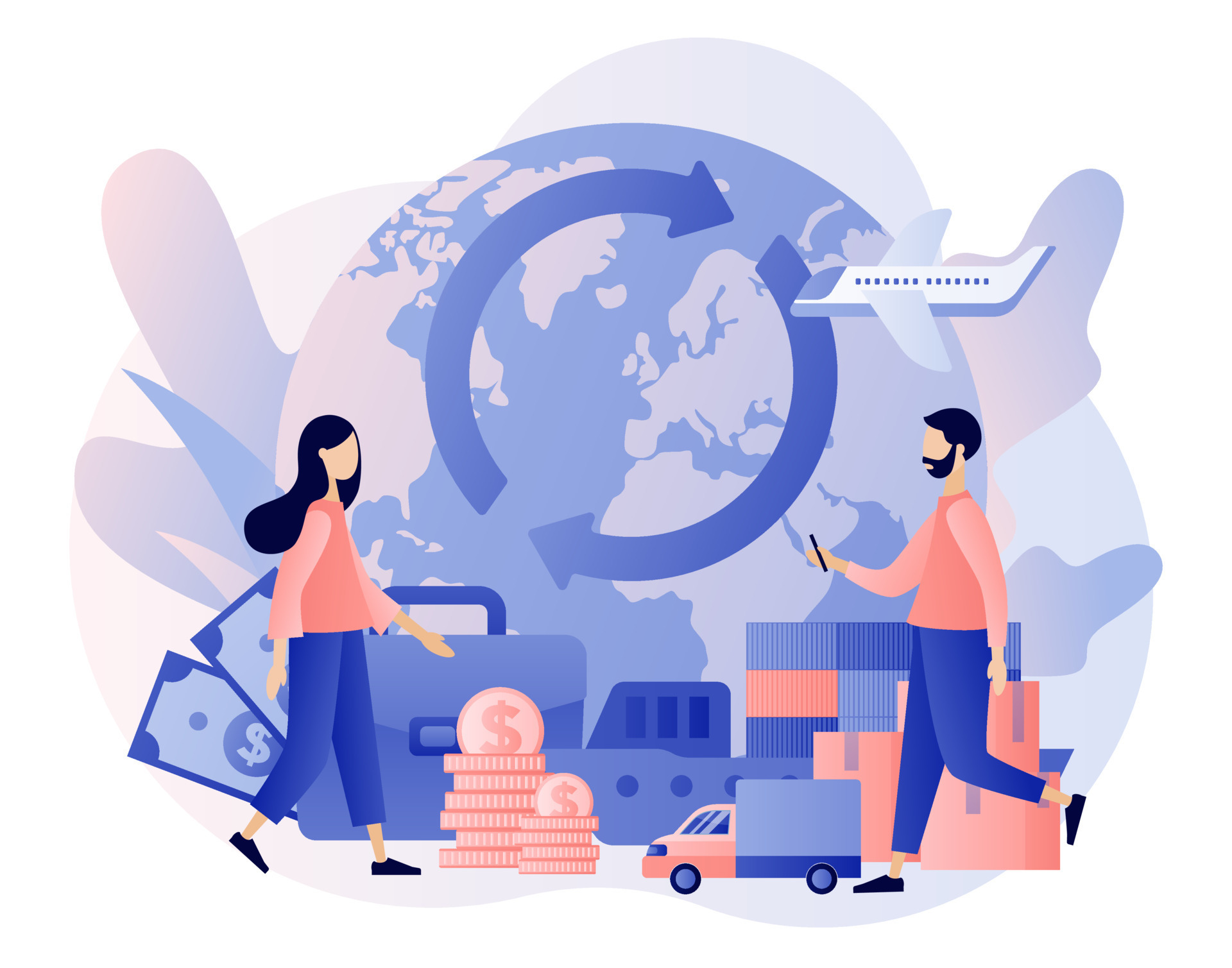 Import and export concept. Tiny people businessman sale goods and ... Import and export concept. Tiny people businessman sale goods and ...