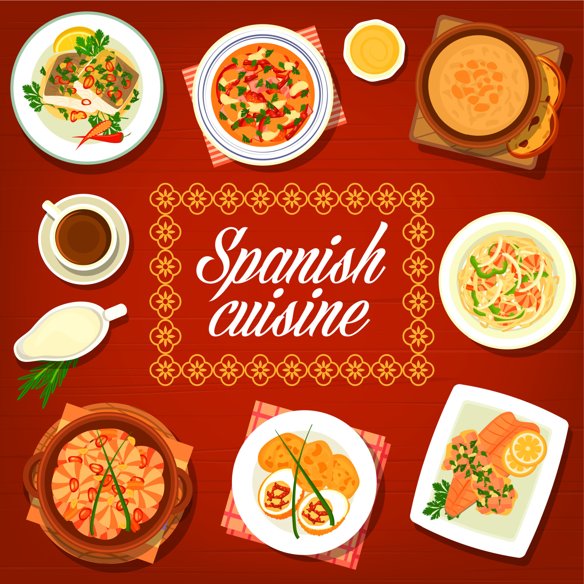 Español cocina comida España platos tradicional comida 23518814 Vector ...