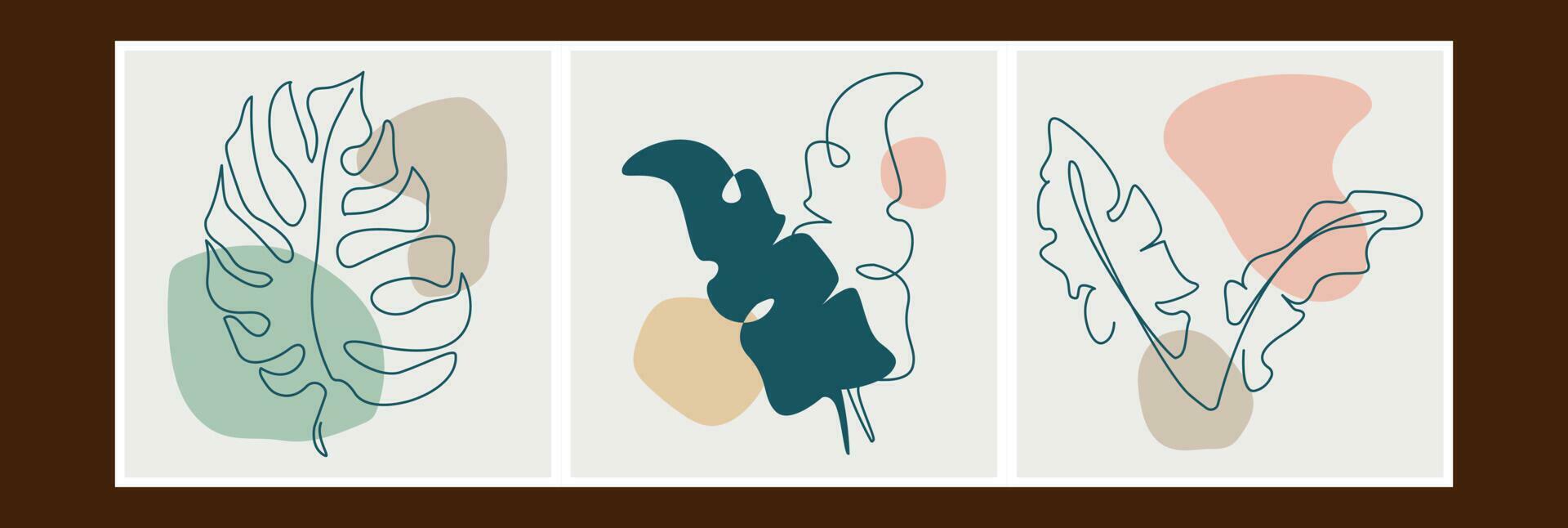 Botanical wall art vector set. Golden foliage line art drawing with ...