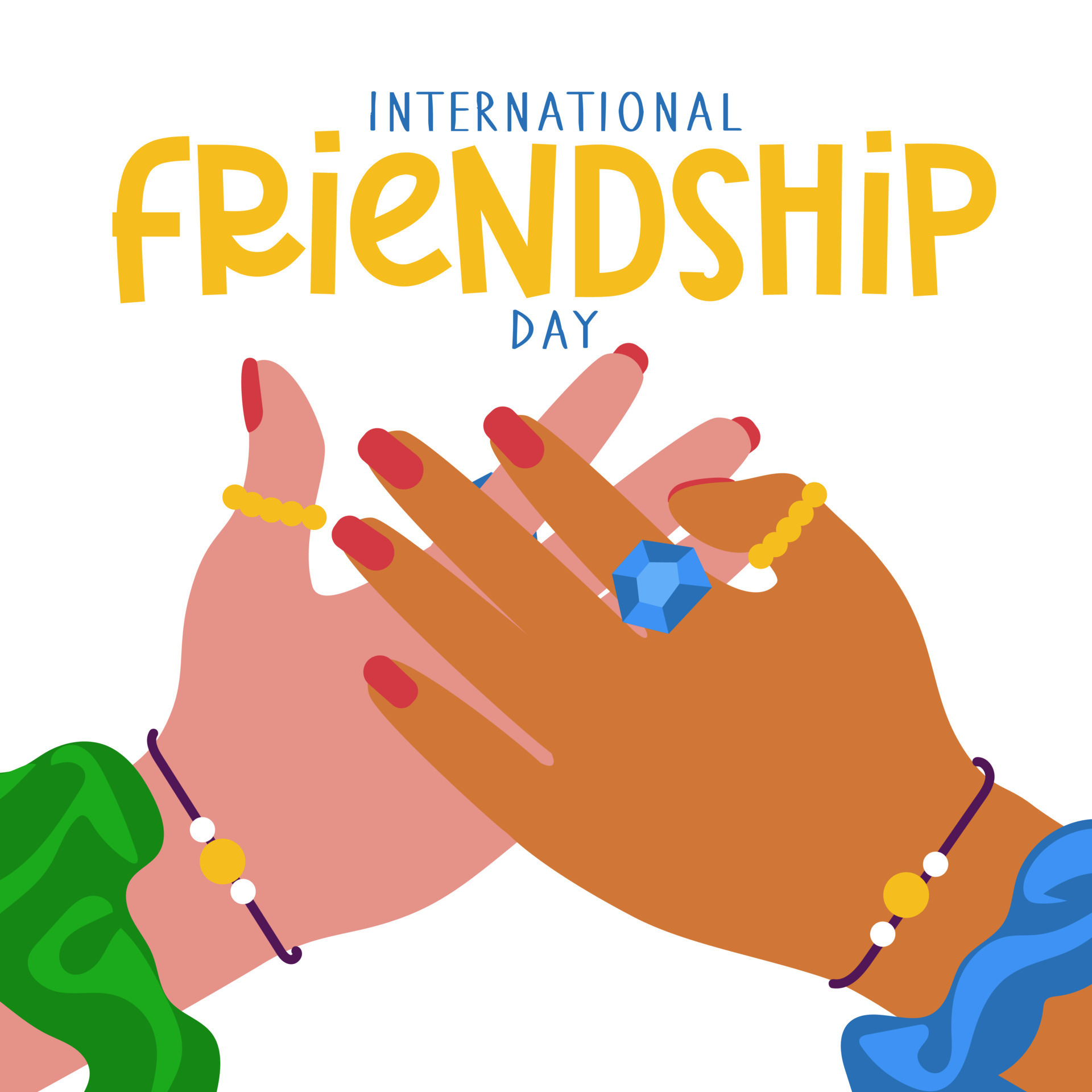 International Friendship Day. Two friends with the same jewelry, clap each other's palms. Needle ...