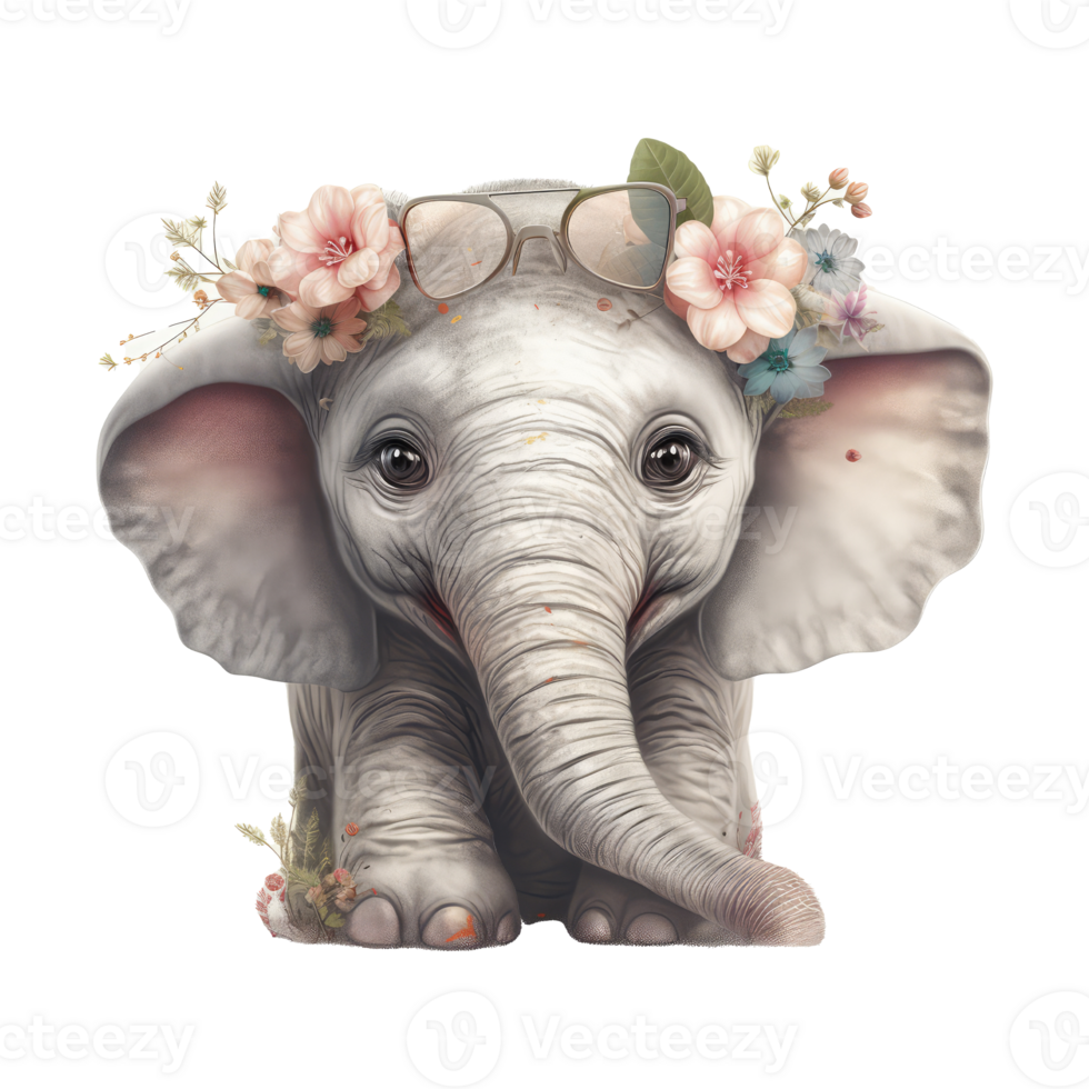 cute baby elephant watercolor with colorful flowers . 23529499 PNG