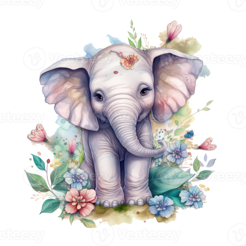 cute baby elephant watercolor with colorful flowers . 23529509 PNG