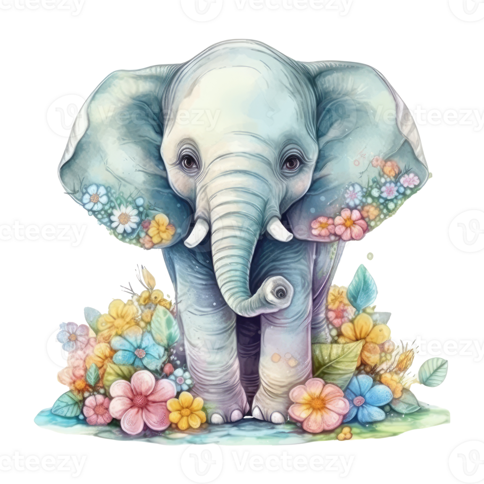 cute baby elephant watercolor with colorful flowers . 23529510 PNG