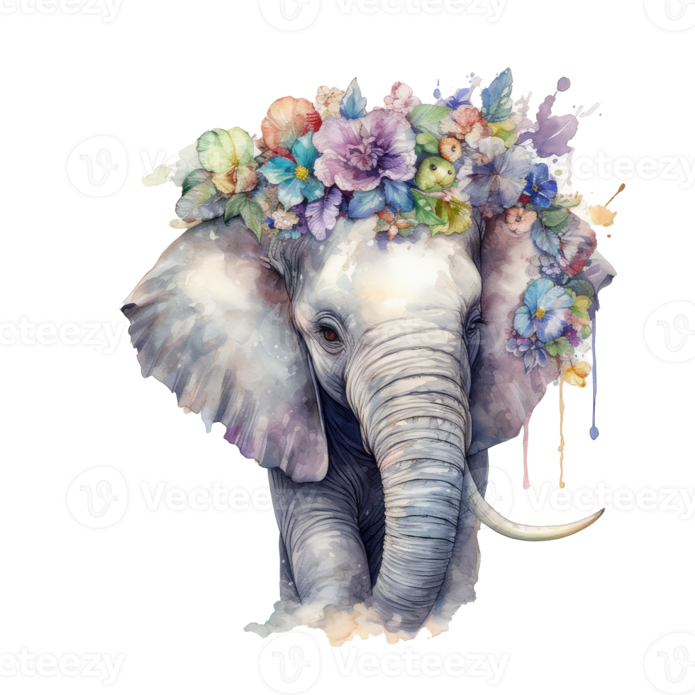 cute baby elephant watercolor with colorful flowers . 23529607 PNG