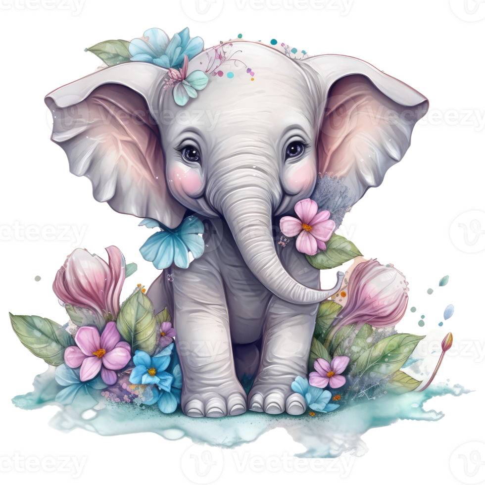cute baby elephant watercolor with colorful flowers . 23529609 PNG