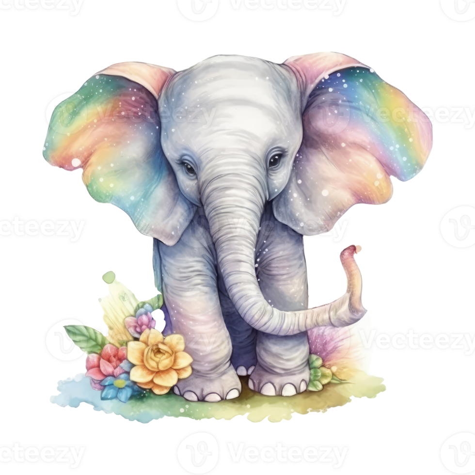 cute baby elephant watercolor with colorful flowers . 23529610 PNG