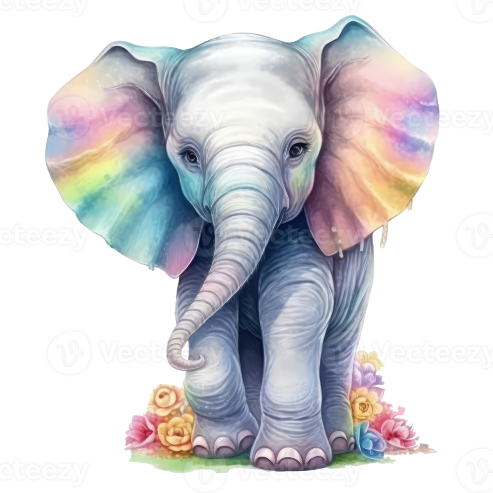 cute baby elephant watercolor with colorful flowers . 23529704 PNG