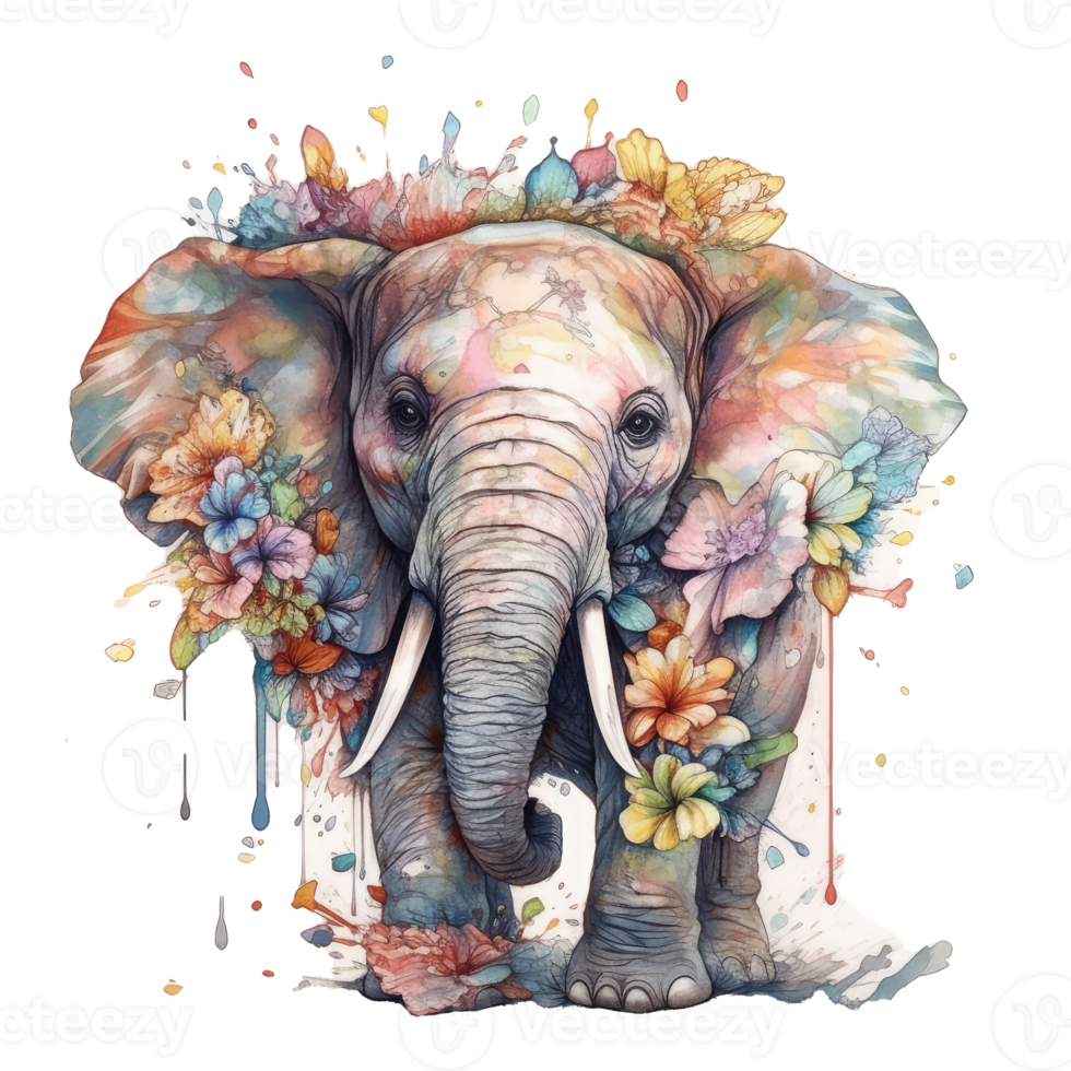cute baby elephant watercolor with colorful flowers . 23529711 PNG