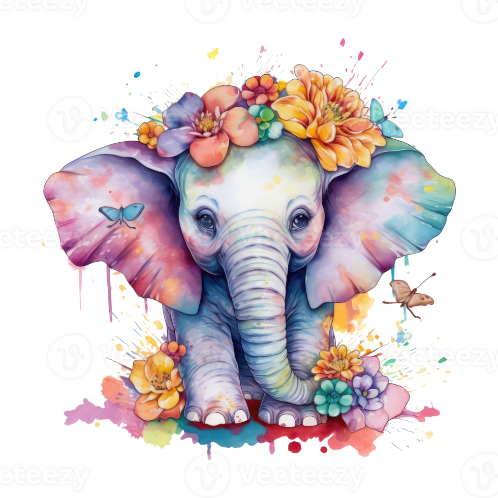 cute baby elephant watercolor with colorful flowers . 23529752 PNG