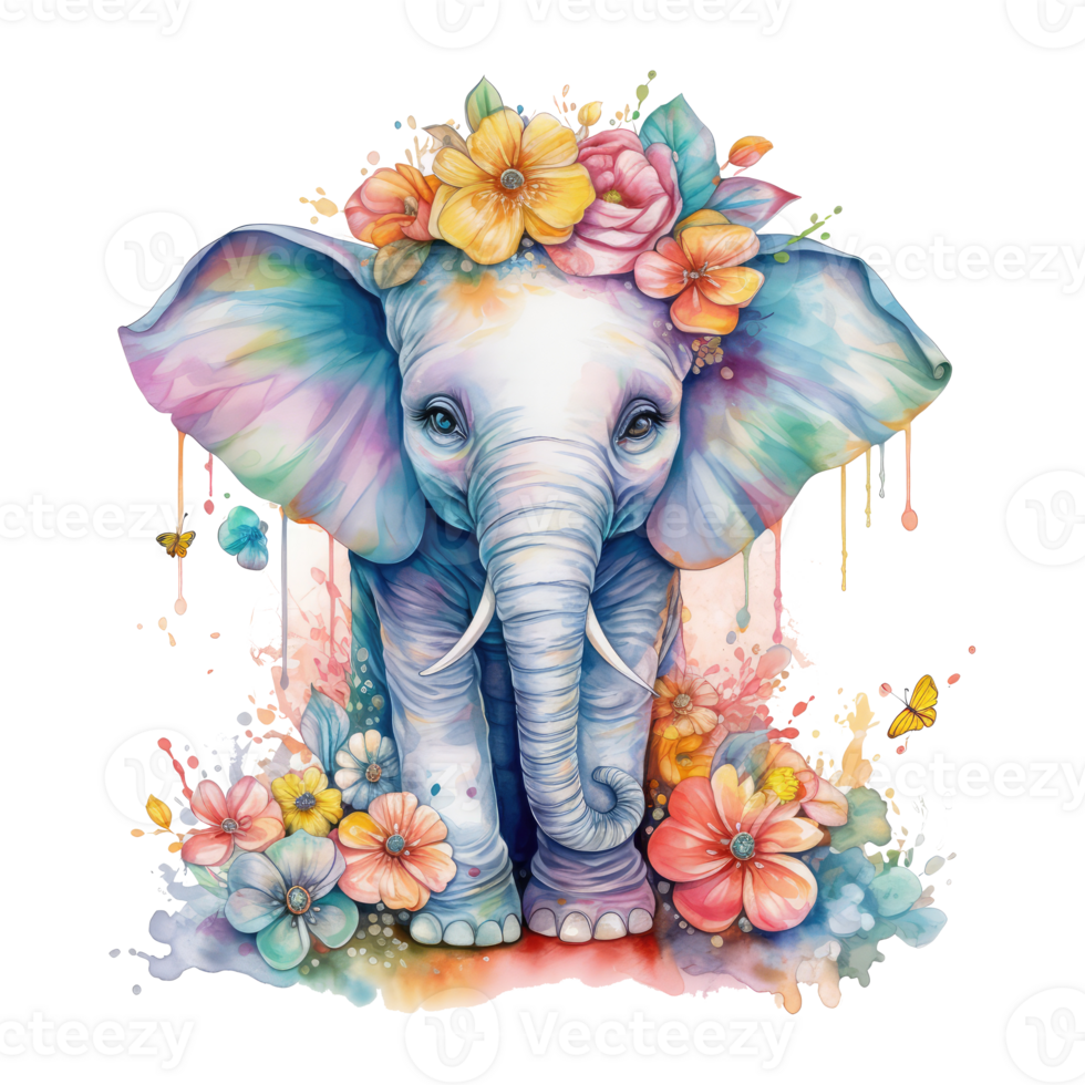 cute baby elephant watercolor with colorful flowers . 23529754 PNG