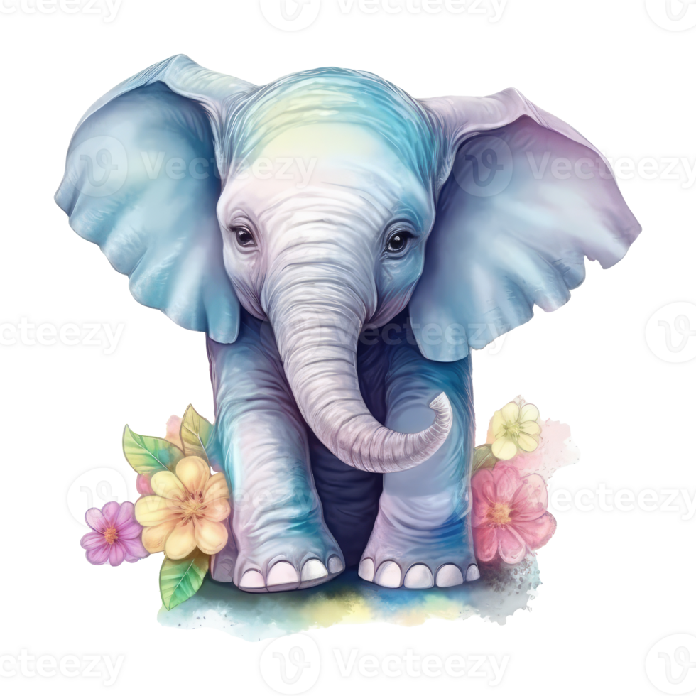 cute baby elephant watercolor with colorful flowers . 23529755 PNG