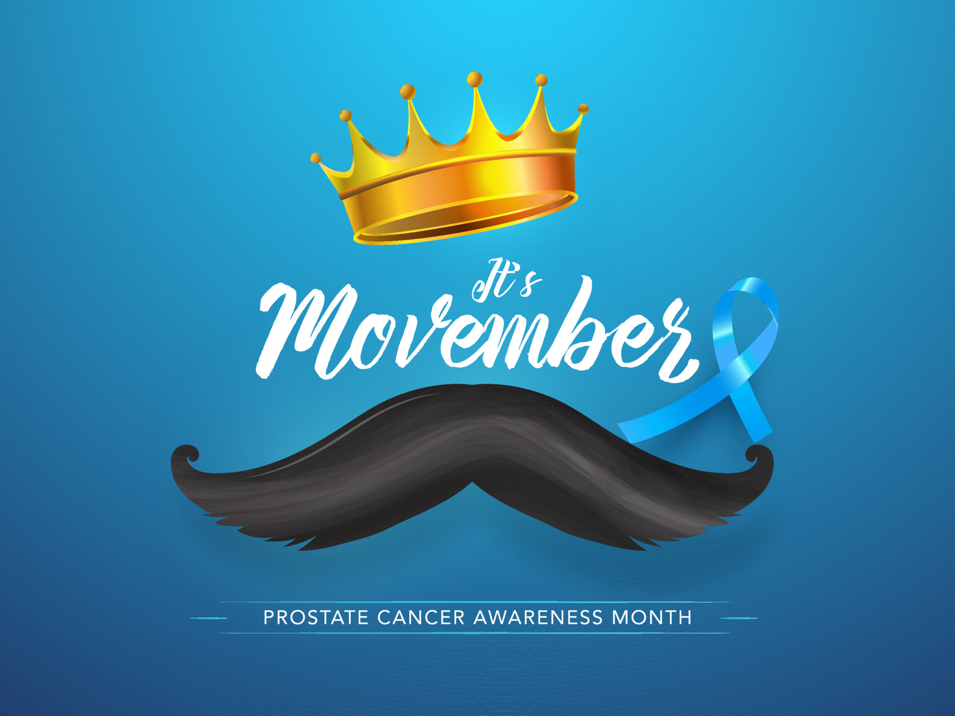 Calligraphy of It's Movember with golden crown, mustache and blue ribbon for Prostate Cancer ...
