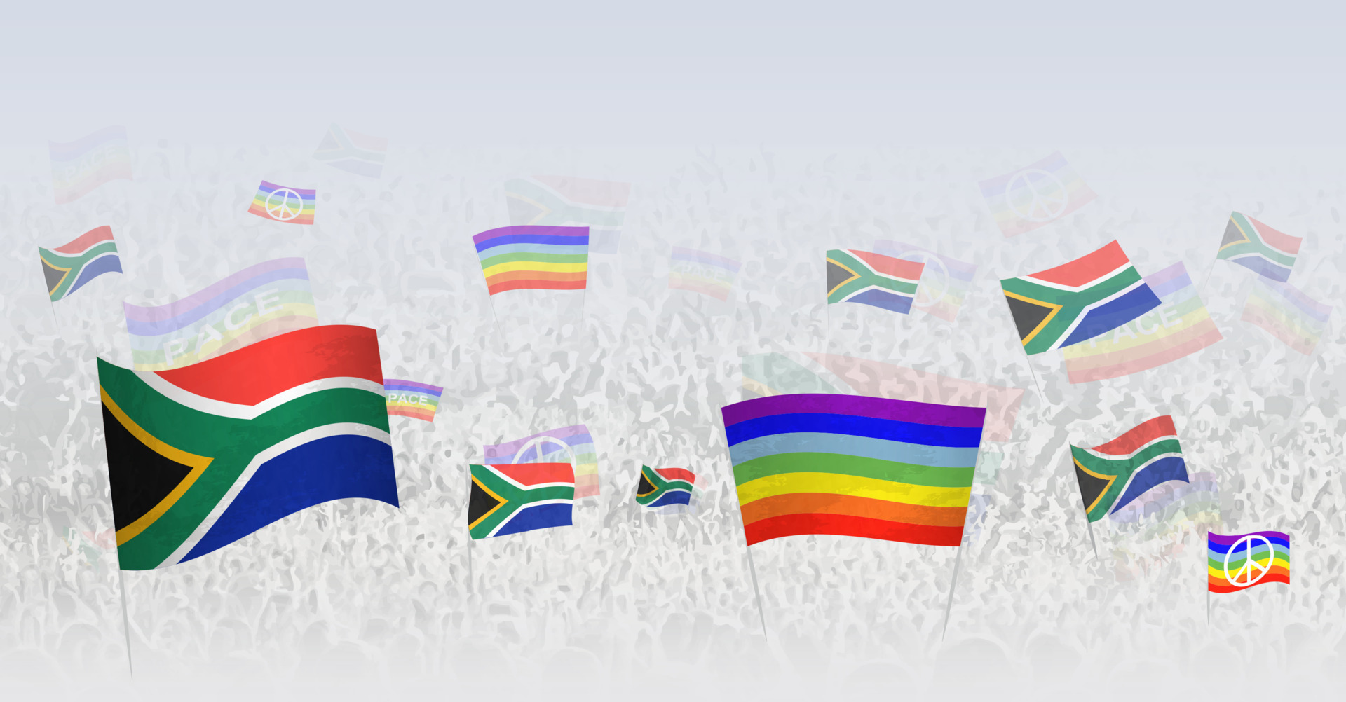 People waving Peace flags and flags of South Africa. Illustration of throng celebrating or ...