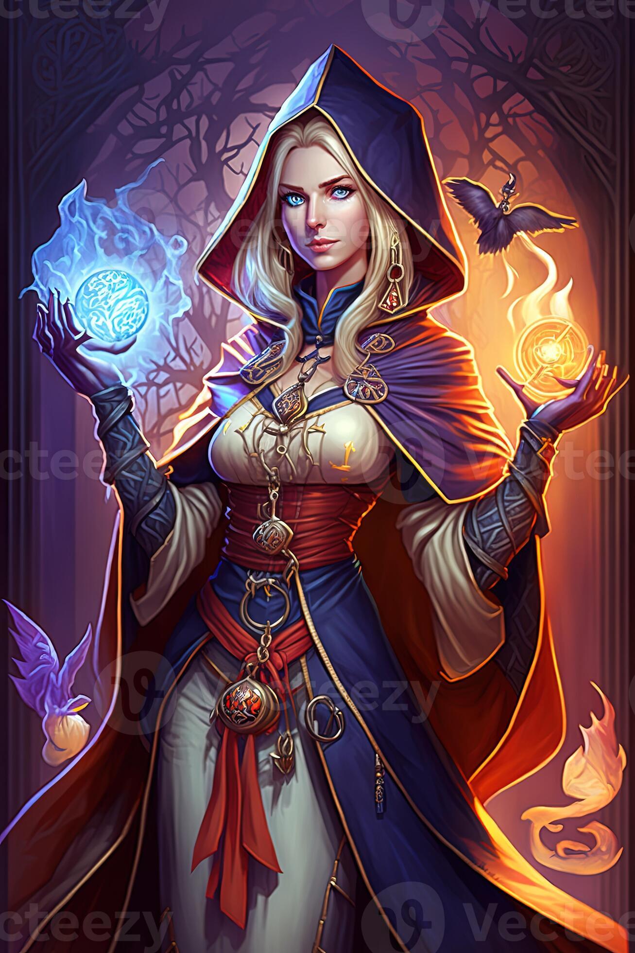 Full body view of a beautiful male sorcerer illustration, Magic sorcerer character for game ...