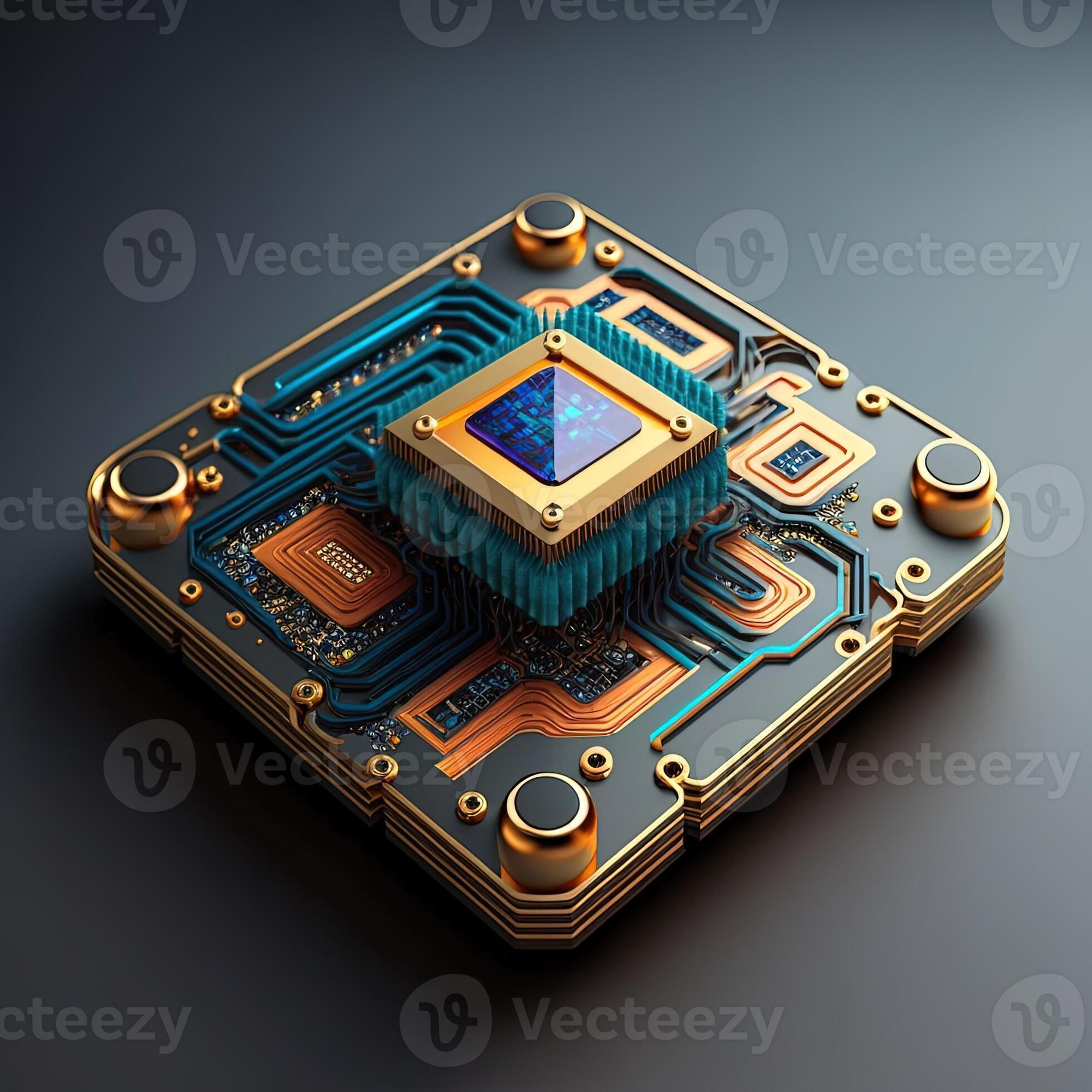 a quantum chip, A futuristic glowing CPU quantum computer processor. Digital chip with HUD ...