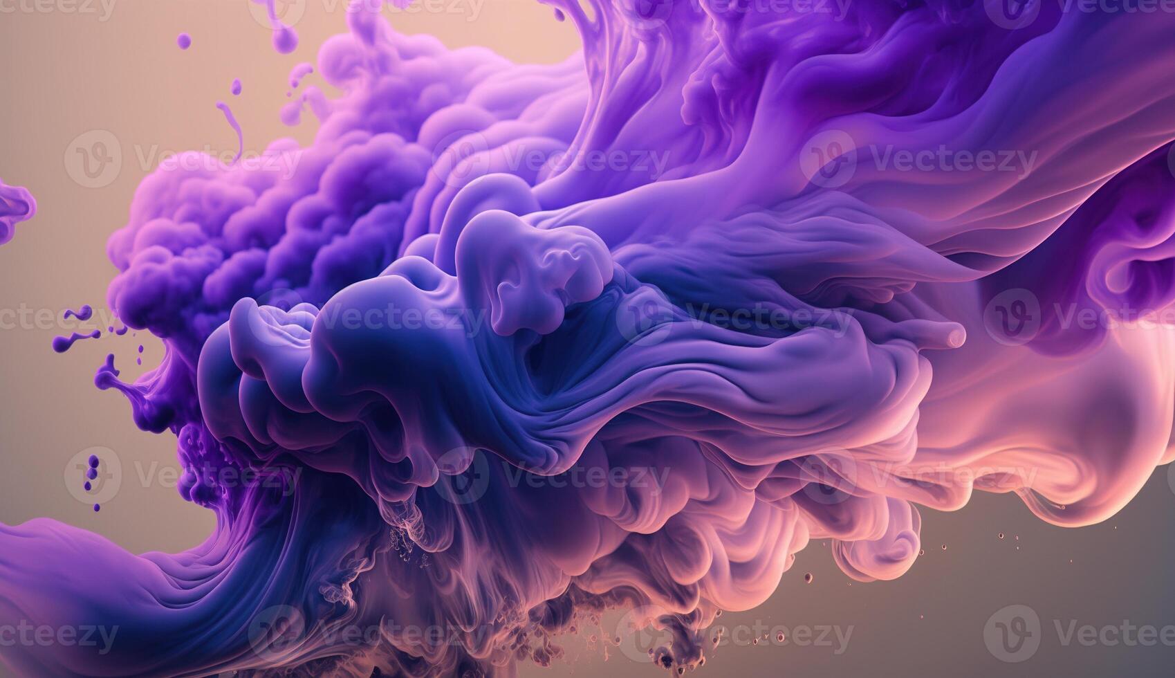 , Flowing lavender violet liquid and smoke with splashes. Bright fluid ...