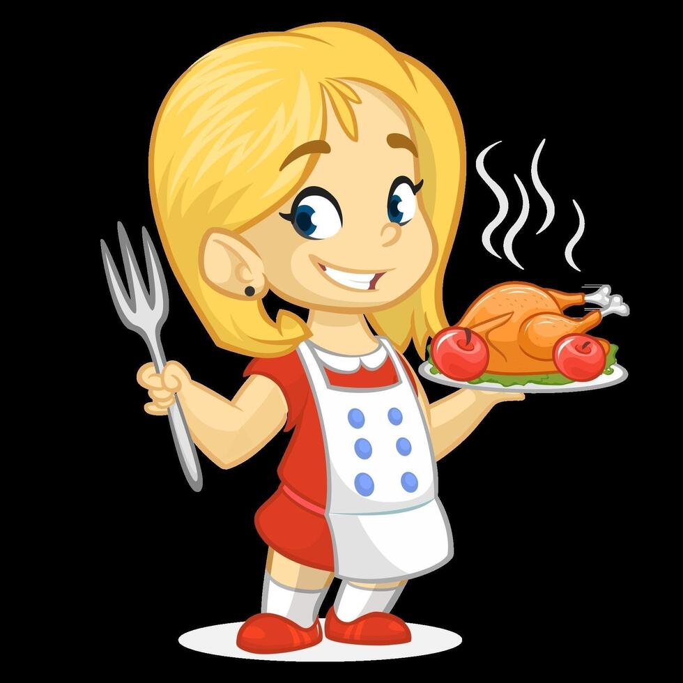 Cartoon cute little blond girl in apron serving roasted thanksgiving ...