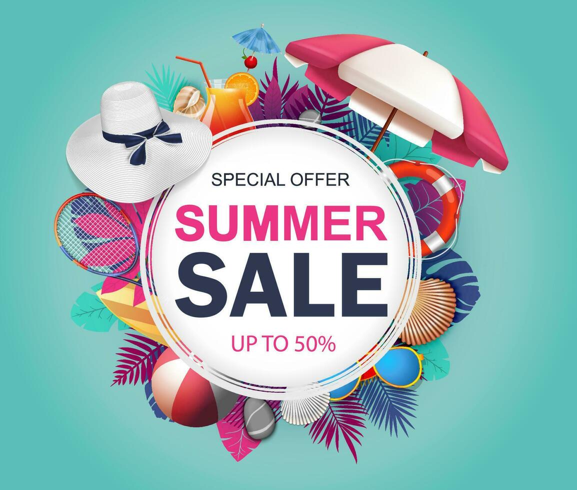 verano rebaja bandera diseño para promoción con tropical hojas y vistoso playa elementos. vector ...