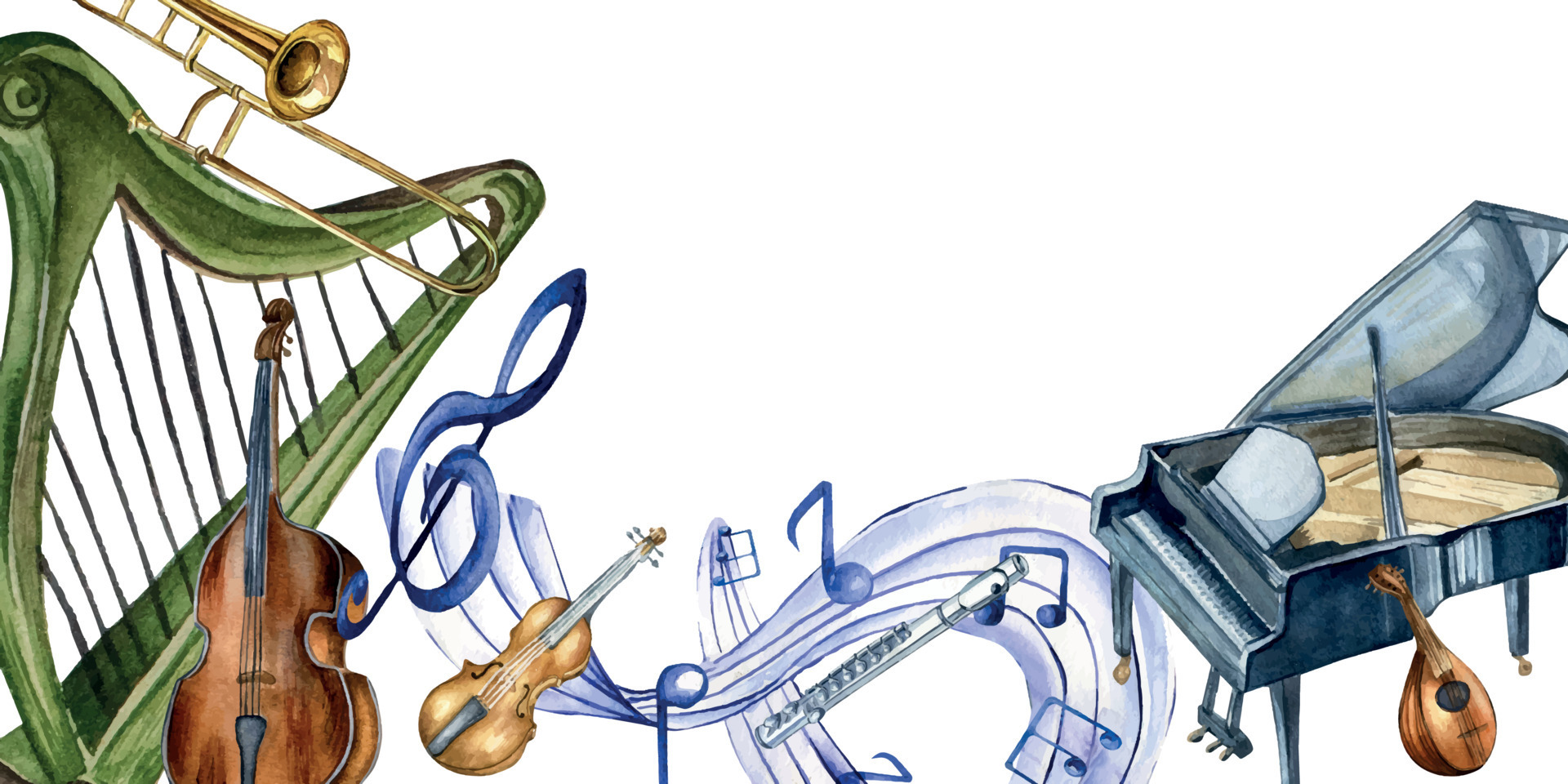 tablero de arpa, violín, grandioso piano y musical símbolo acuarela ilustración aislado ...