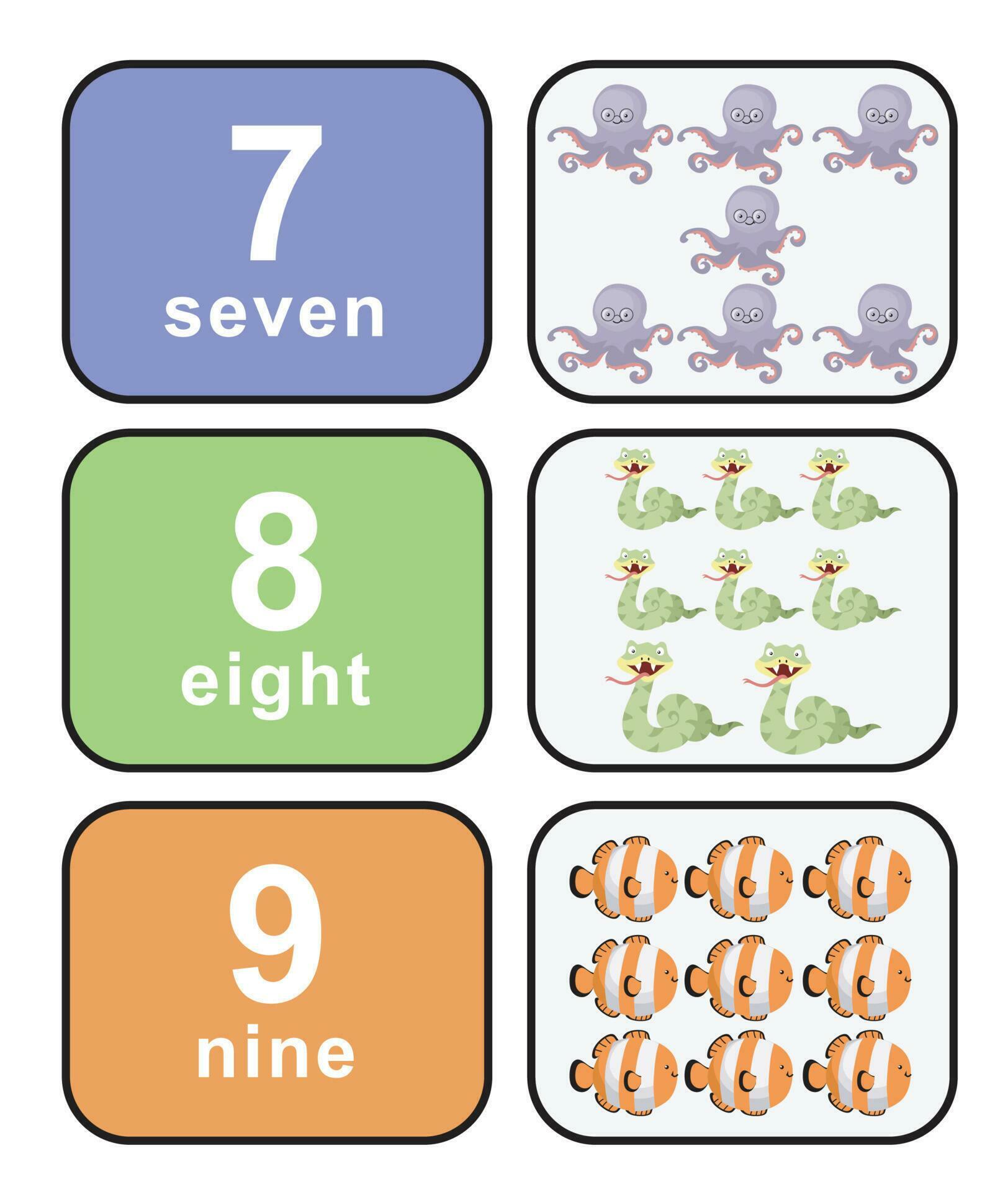 Cute colourful numbers flashcard for kids learning to count. Front and ...