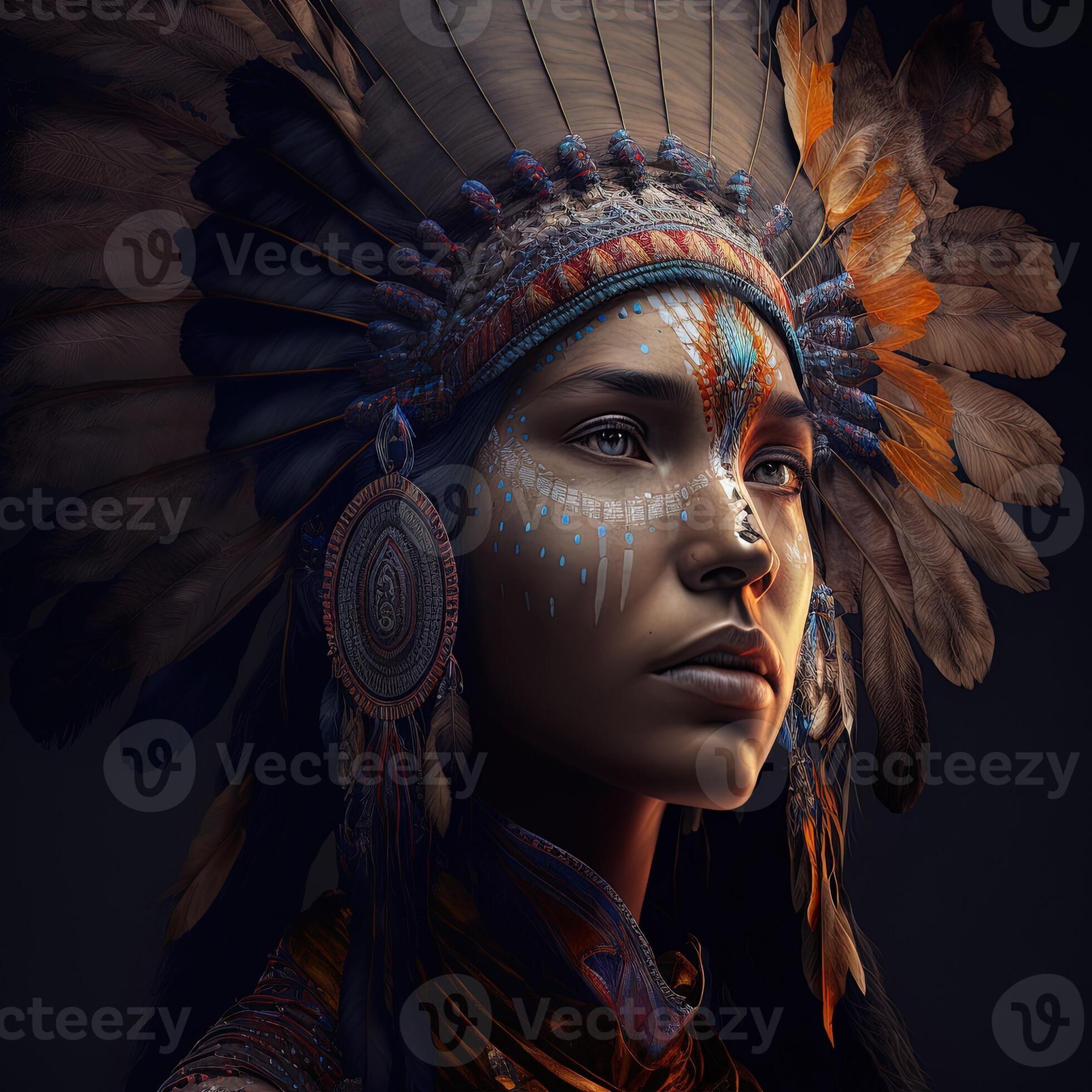 native american woman in ceremonial head dress, reflection of the ...