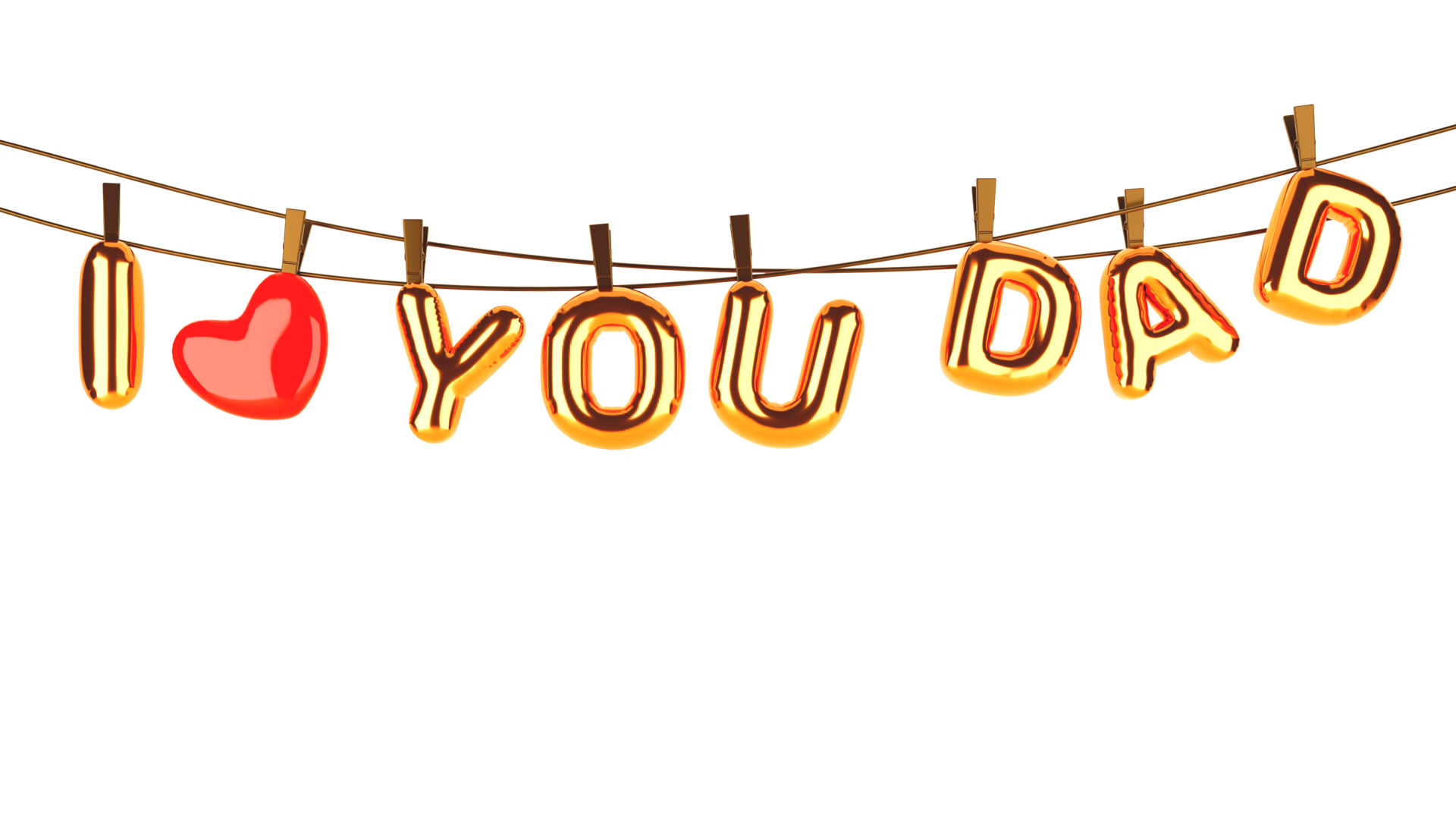 3d Golden Balloon I Love You Dad Text With Red Heart Attach To Rope On White Background