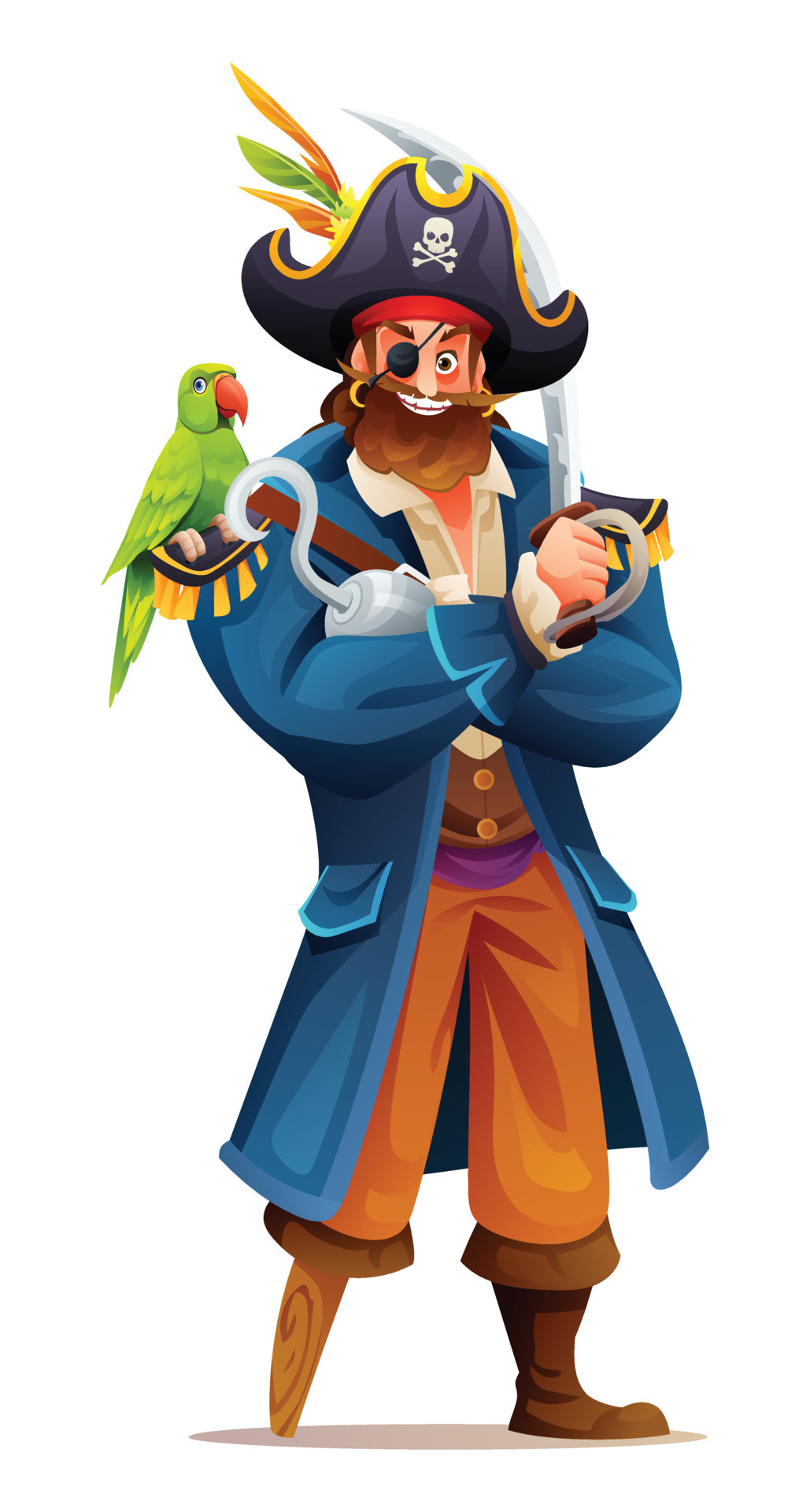 Pirate Holding A Sword With A Parrot Perched On Shoulder Cartoon Character Design Illustration