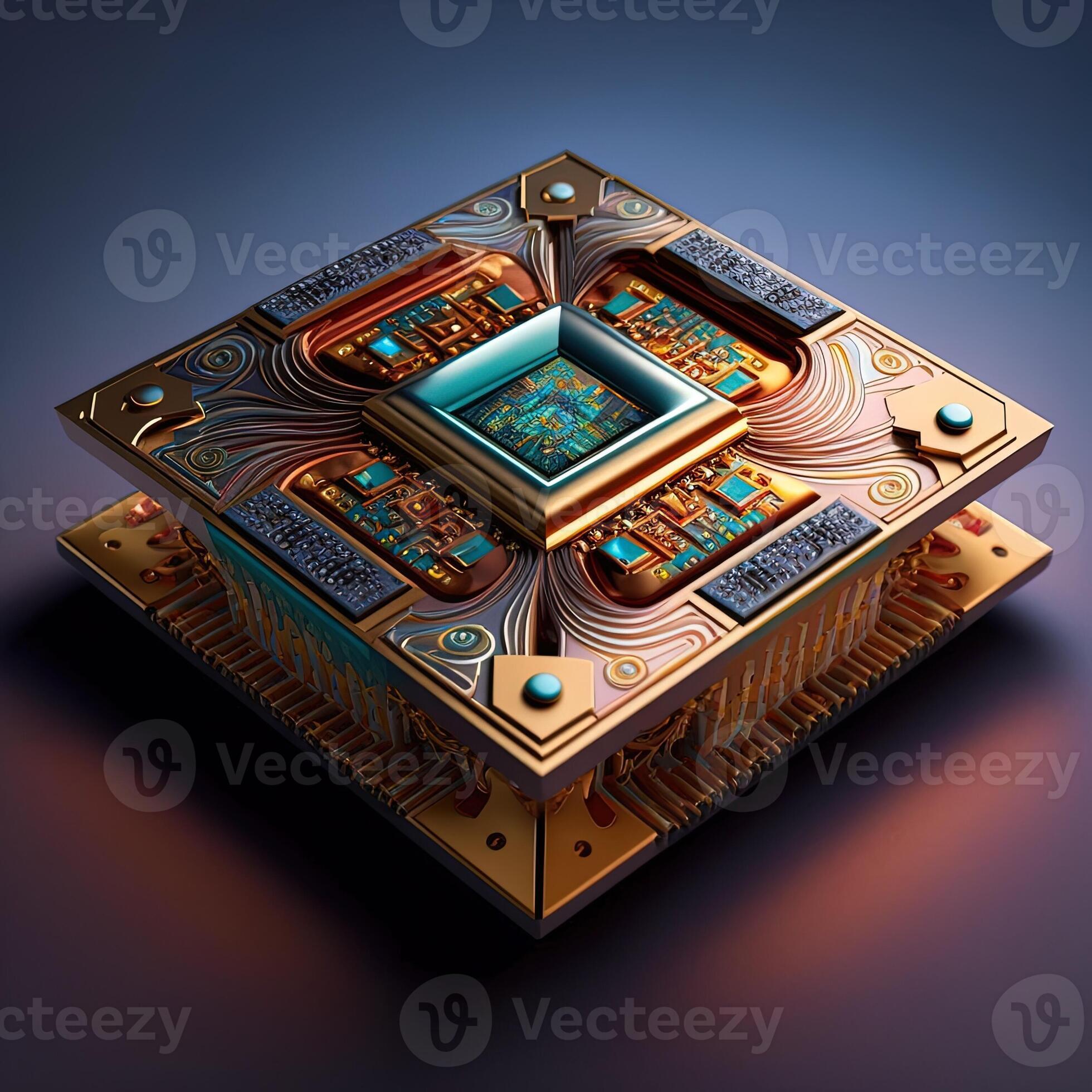 a quantum chip, A futuristic glowing CPU quantum computer processor ... a quantum chip, A futuristic glowing CPU quantum computer processor ...