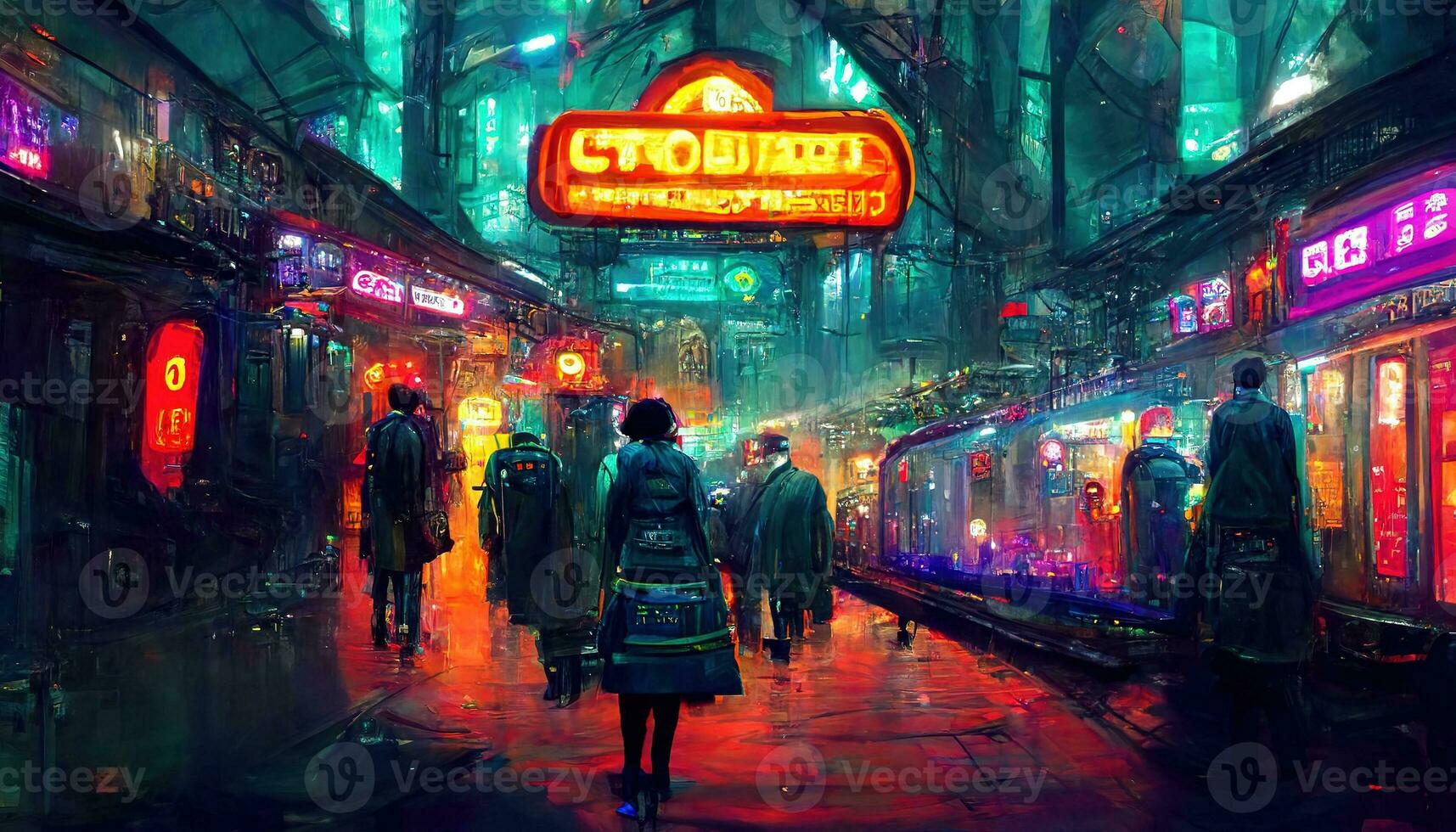 Streets Of Cyberpunk City Colorful City Lights Neon Signs Futuristic Steampunk Shops People