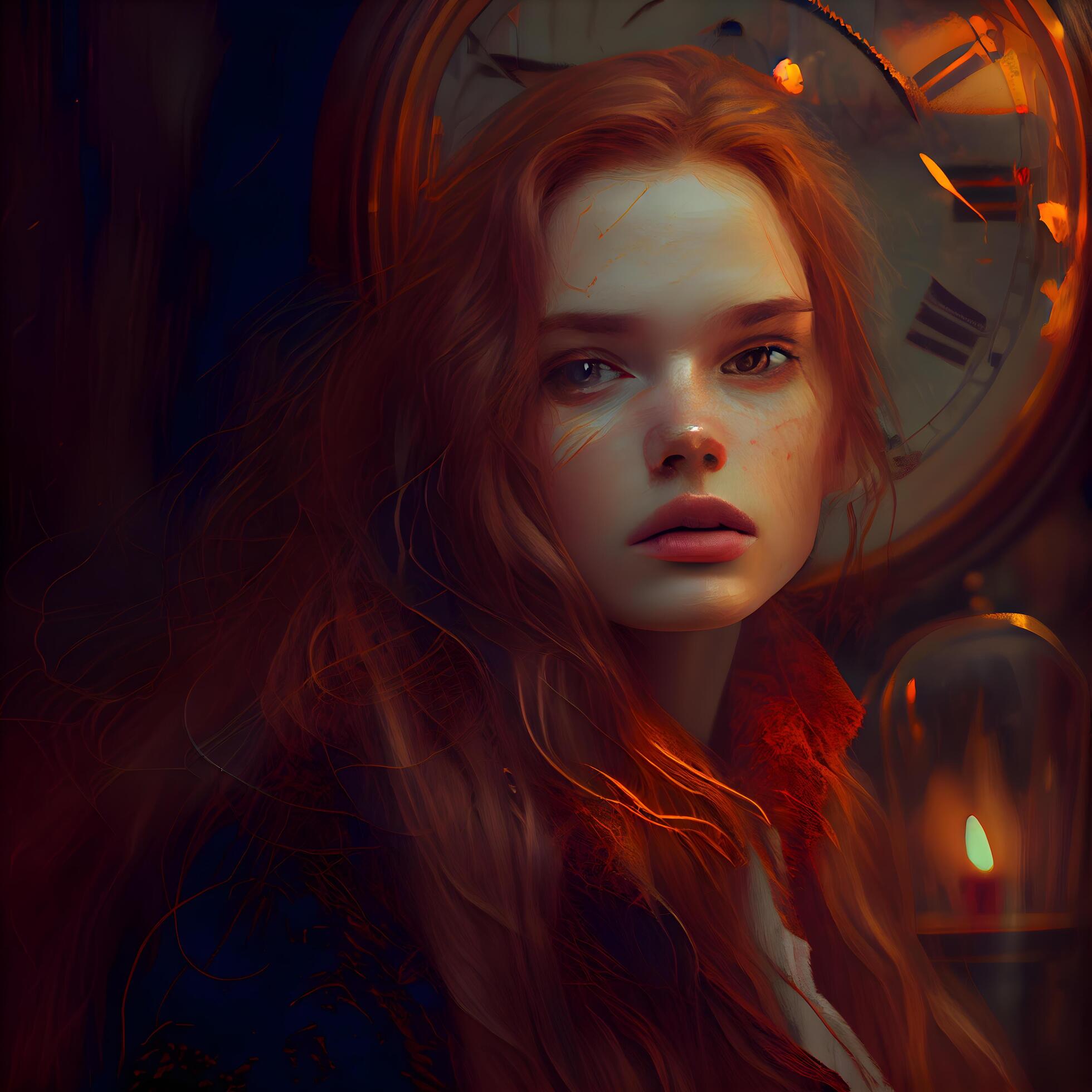 Fantasy Portrait Of A Beautiful Red Haired Girl With Long Hair In A