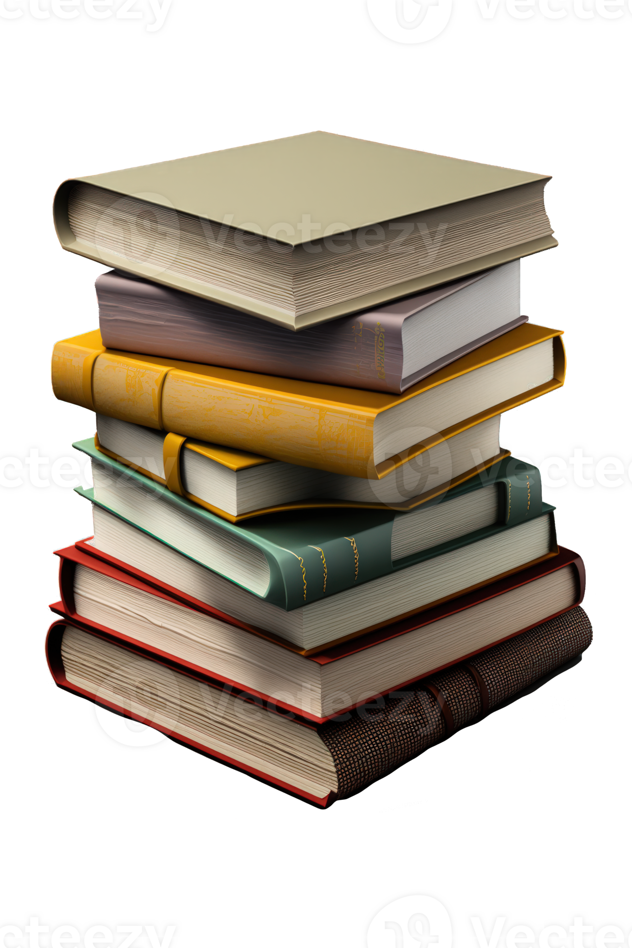 An organized and neat stack of books is displayed on a transparent background in a highly ...