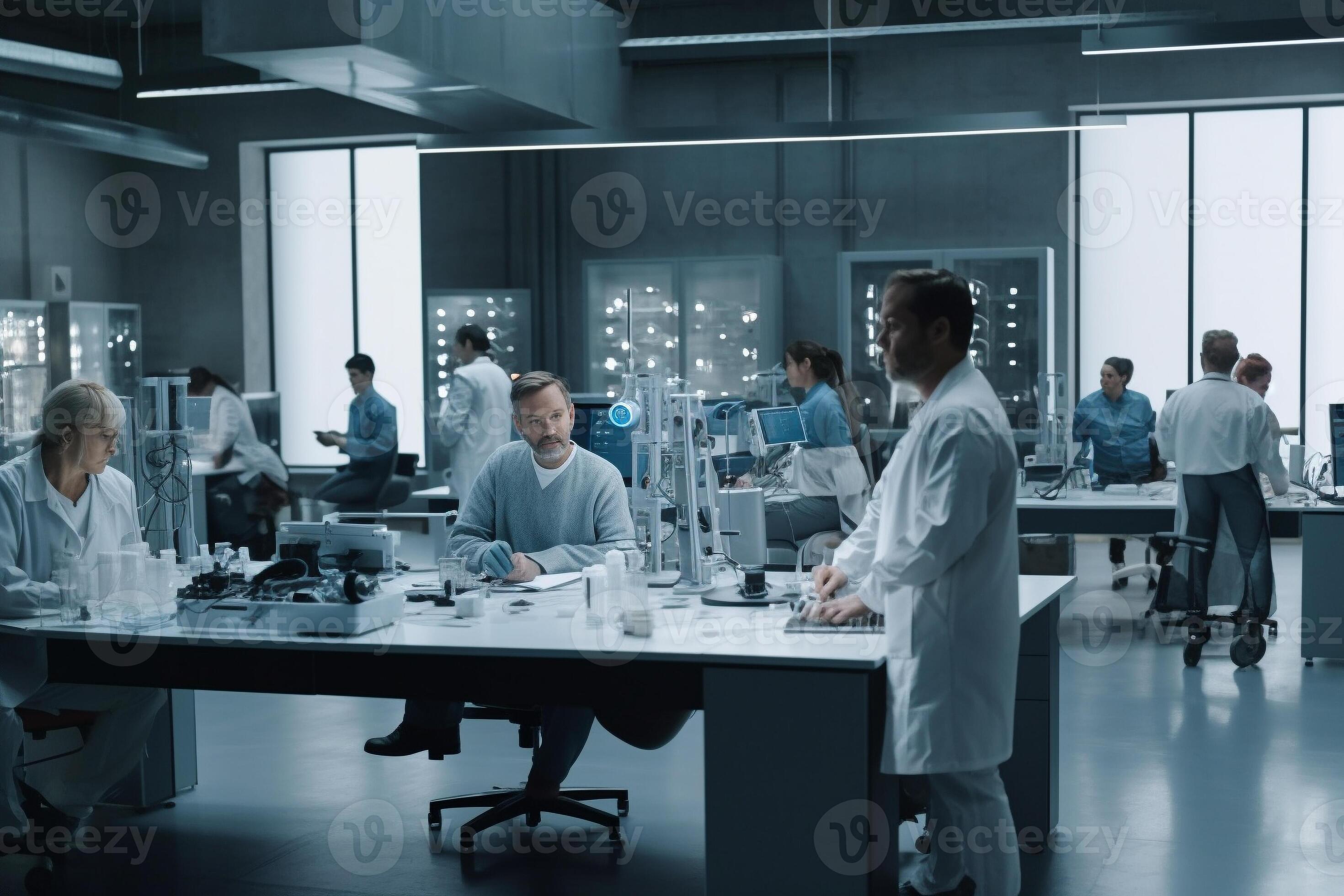 A team of AI researchers is working diligently in a brightly lit ...