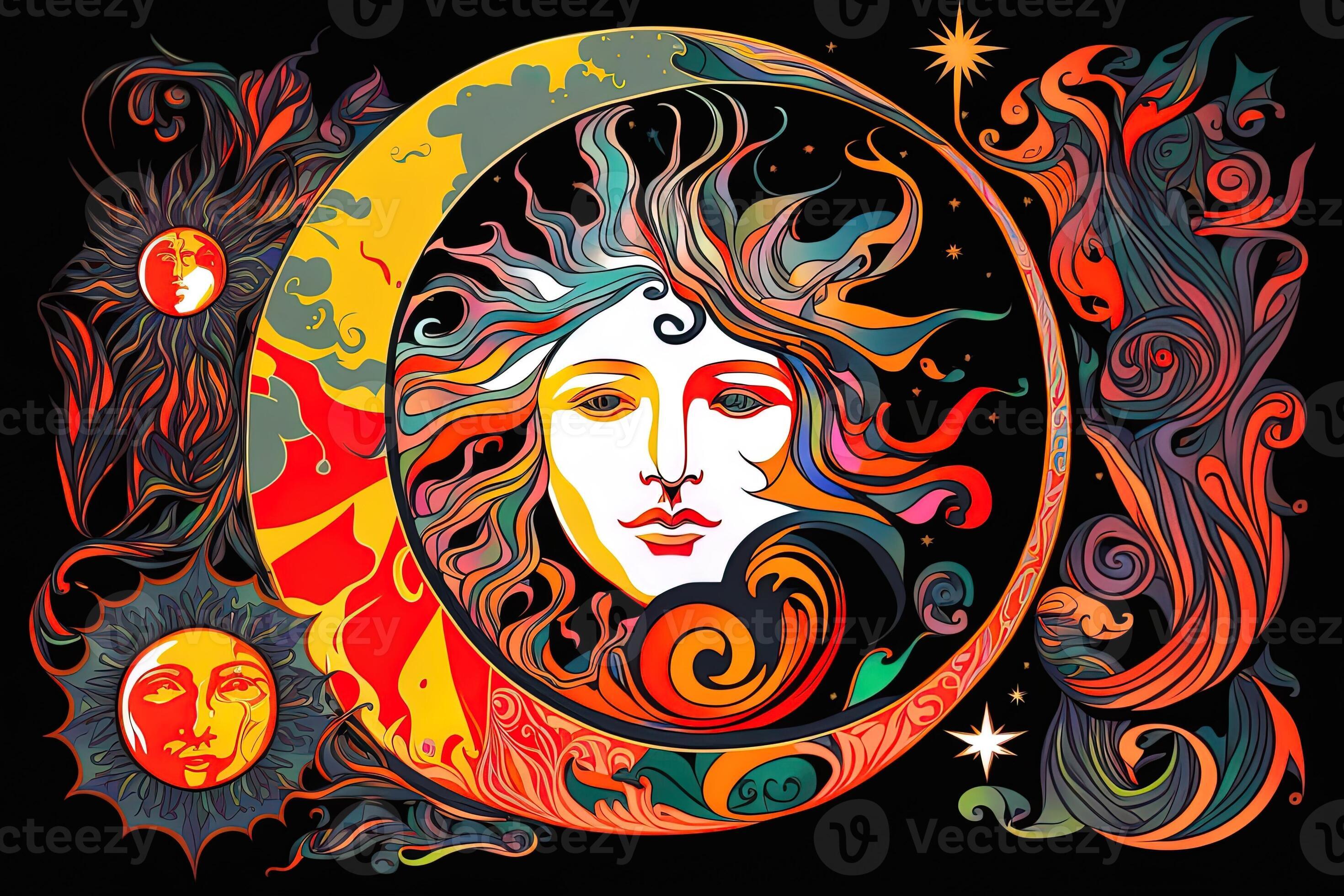 Happy abstract astral shape, moon and sun, art nouveau, expressionism. Mucha and tarot card ...