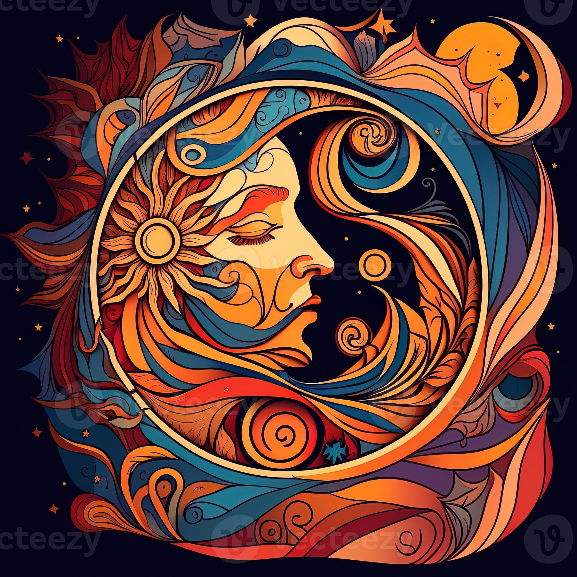 Happy abstract astral shape, moon and sun, art nouveau, expressionism. Mucha and tarot card ...