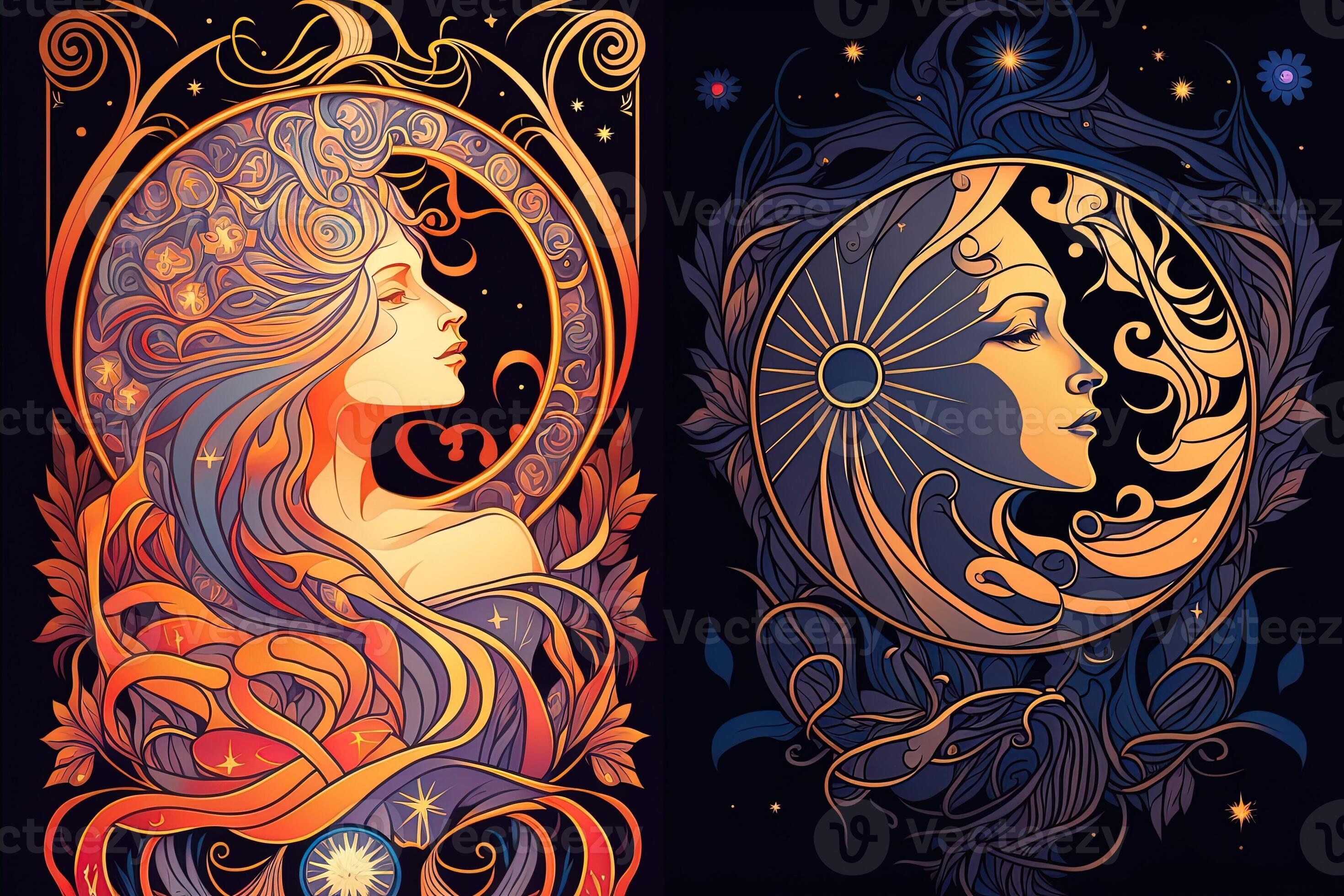 Happy abstract astral shape, moon and sun, art nouveau, expressionism. Mucha and tarot card ...