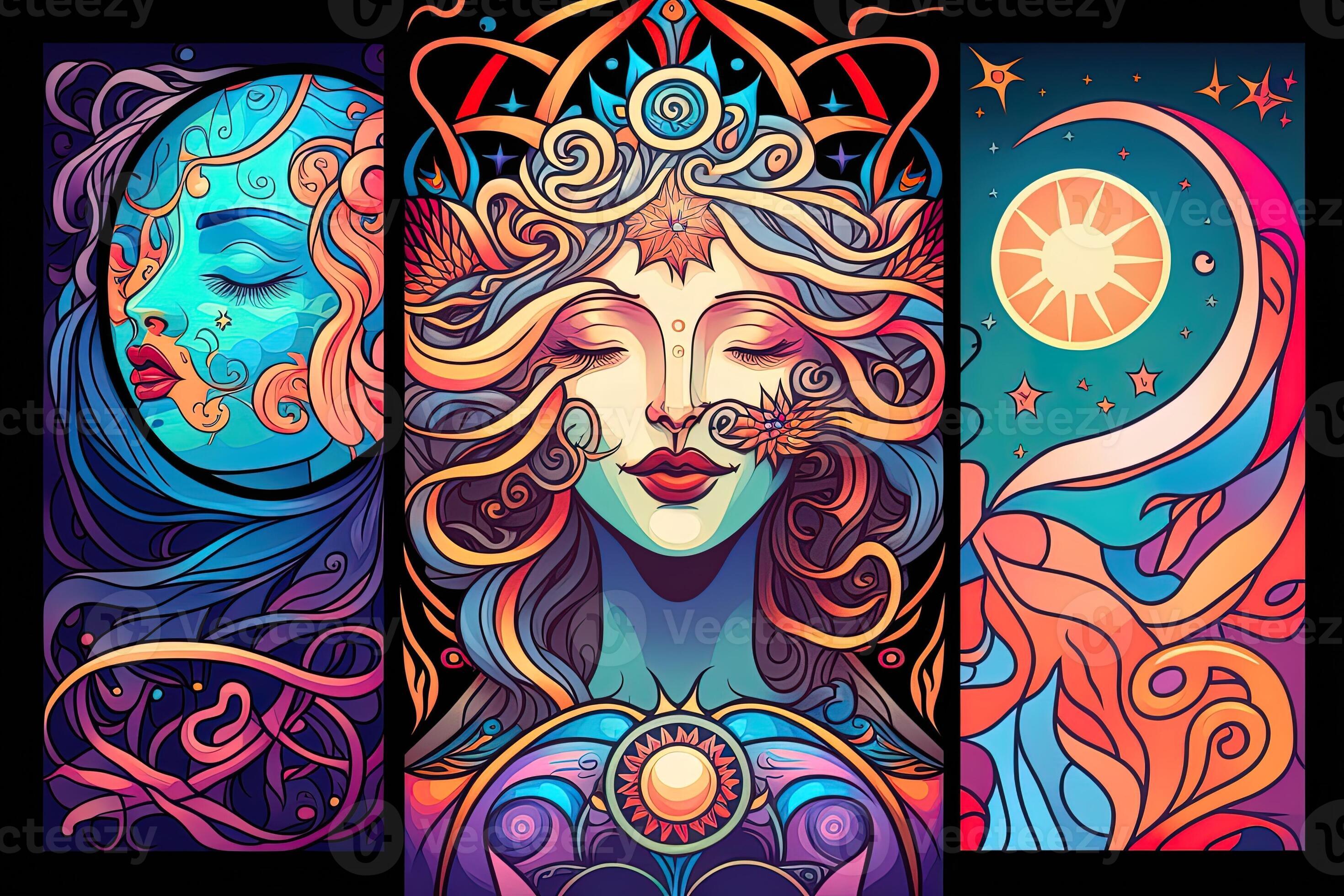 Happy abstract astral shape, moon and sun, art nouveau, expressionism. Mucha and tarot card ...