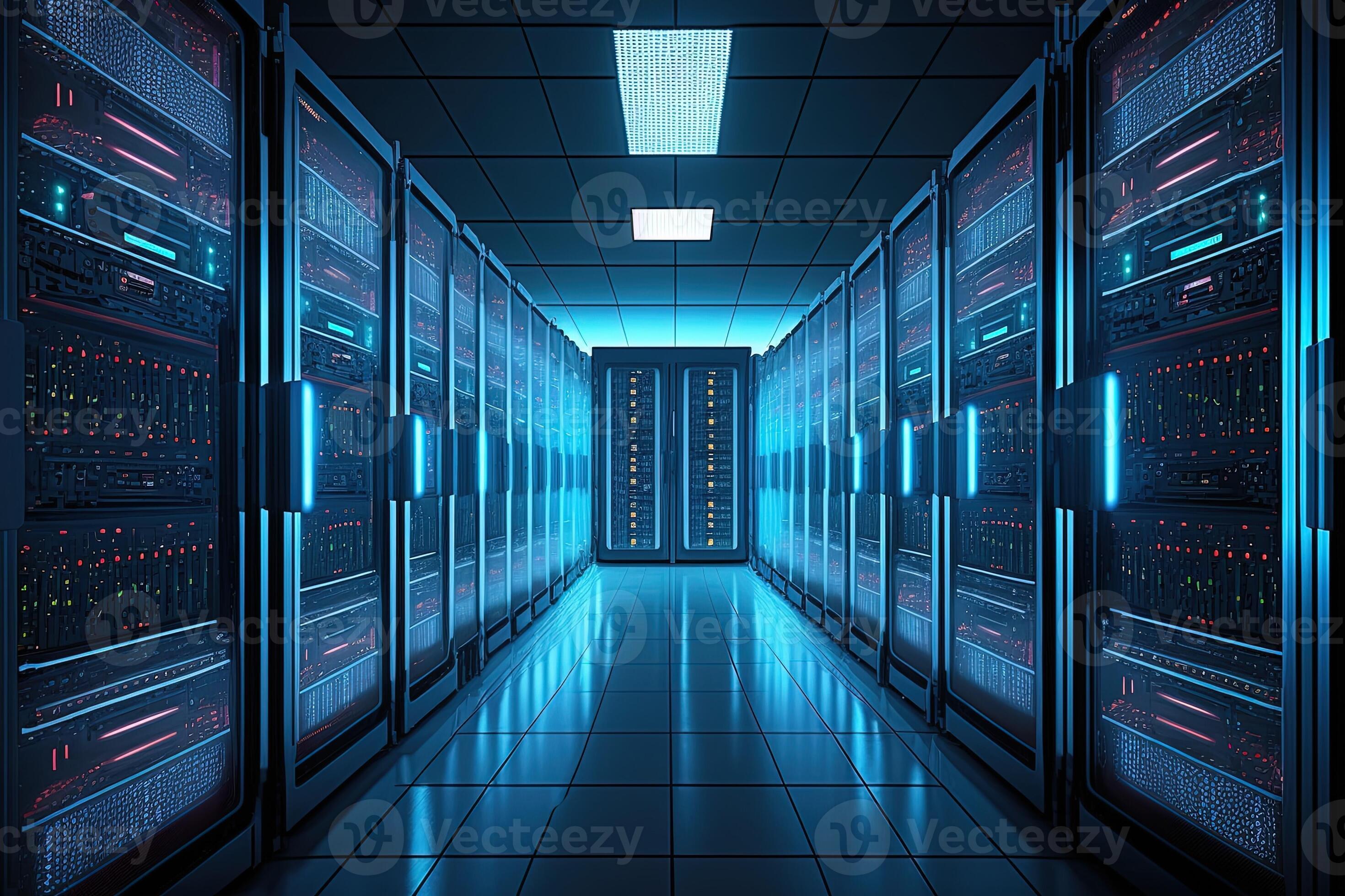 Data Center Room With Mainframe Storage Servers Cloud Network Concept Hosting Databases And