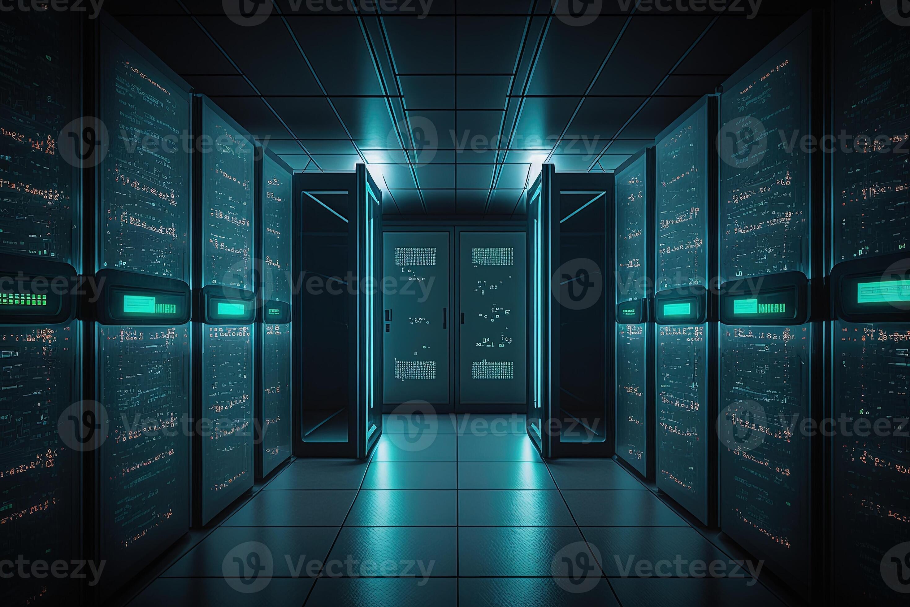 data center room with mainframe storage servers, cloud network concept, hosting databases and ...