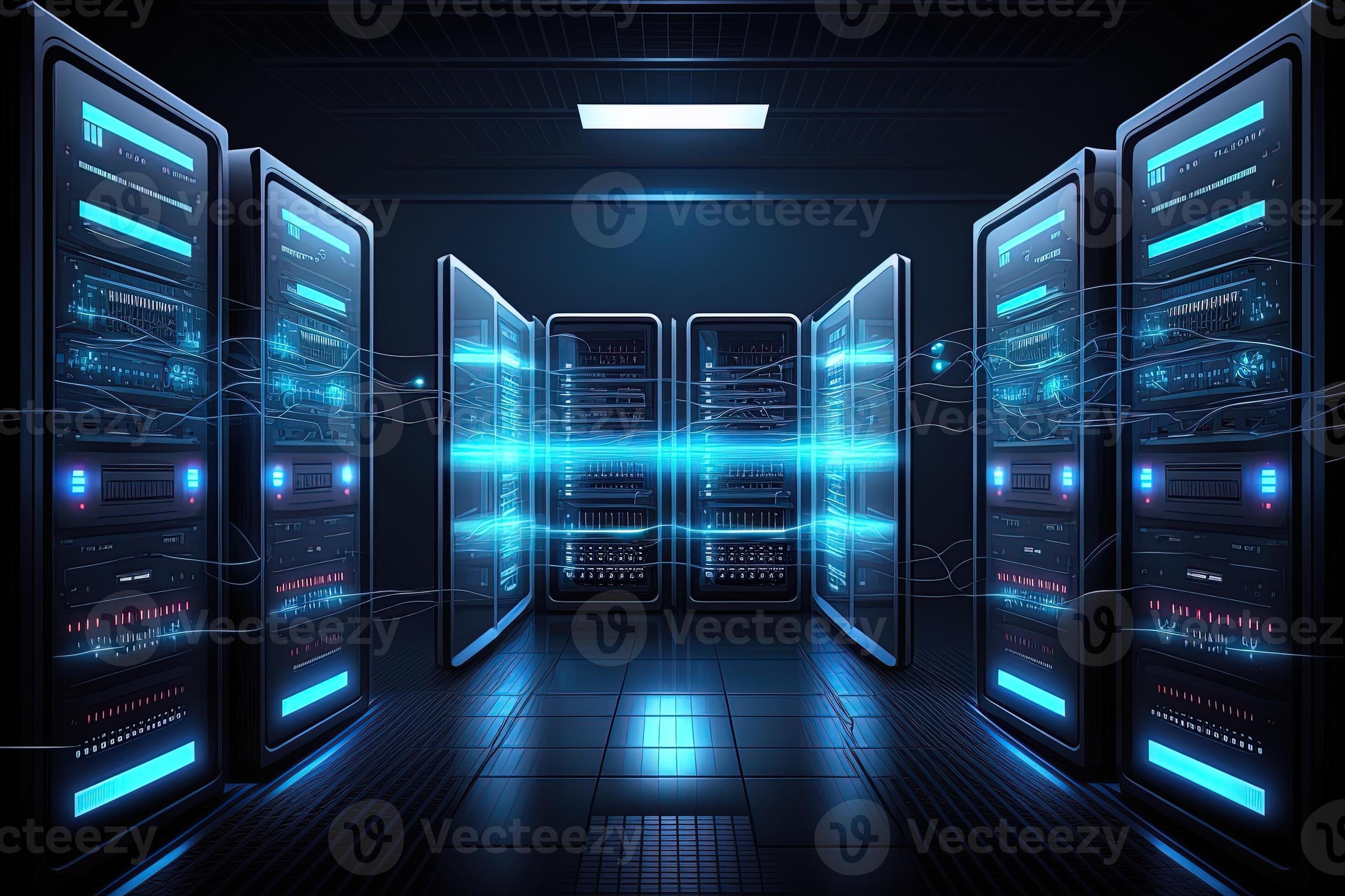 Data Center Room With Mainframe Storage Servers Cloud Network Concept Hosting Databases And