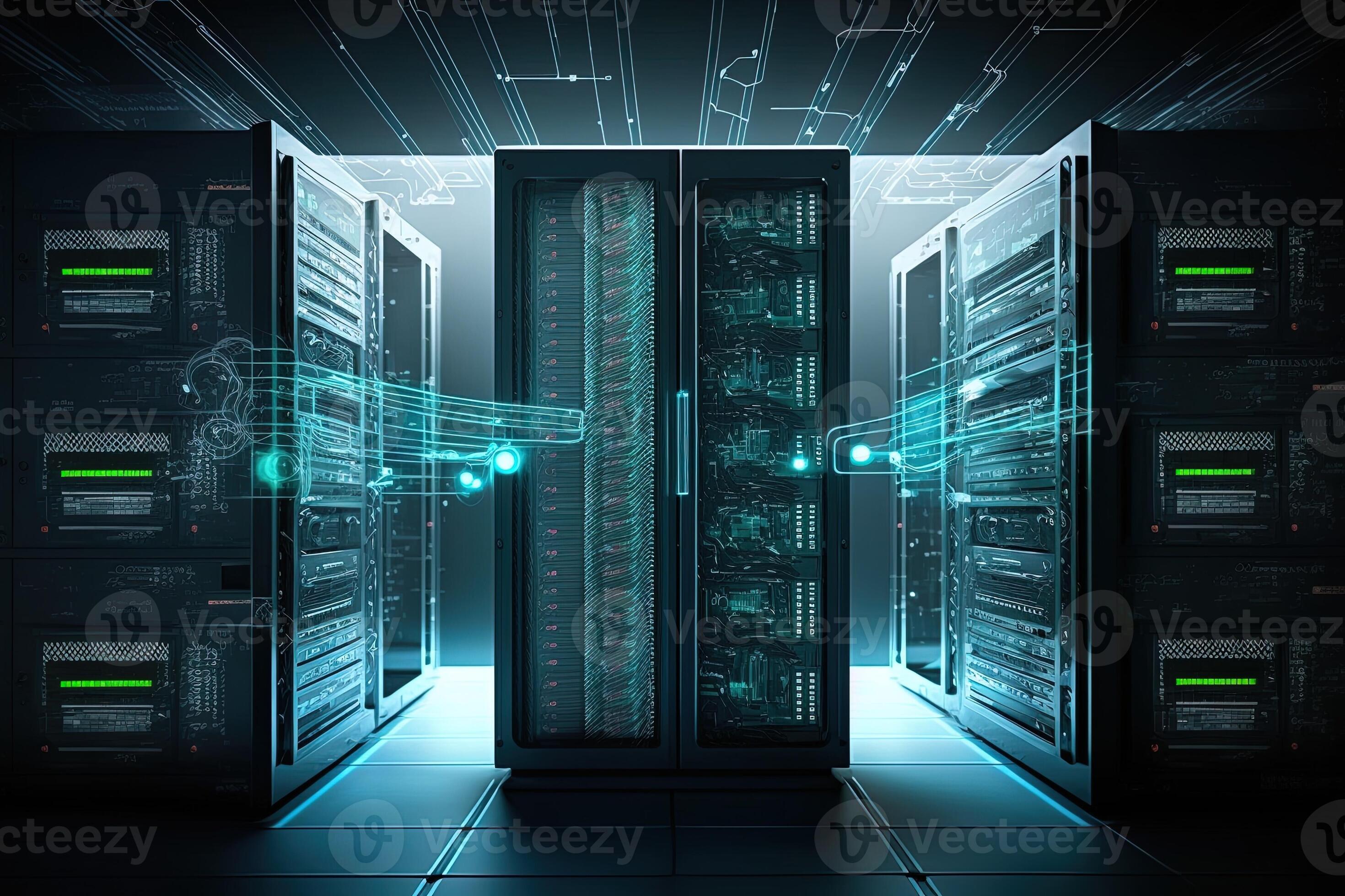 Data Center Room With Mainframe Storage Servers Cloud Network Concept Hosting Databases And