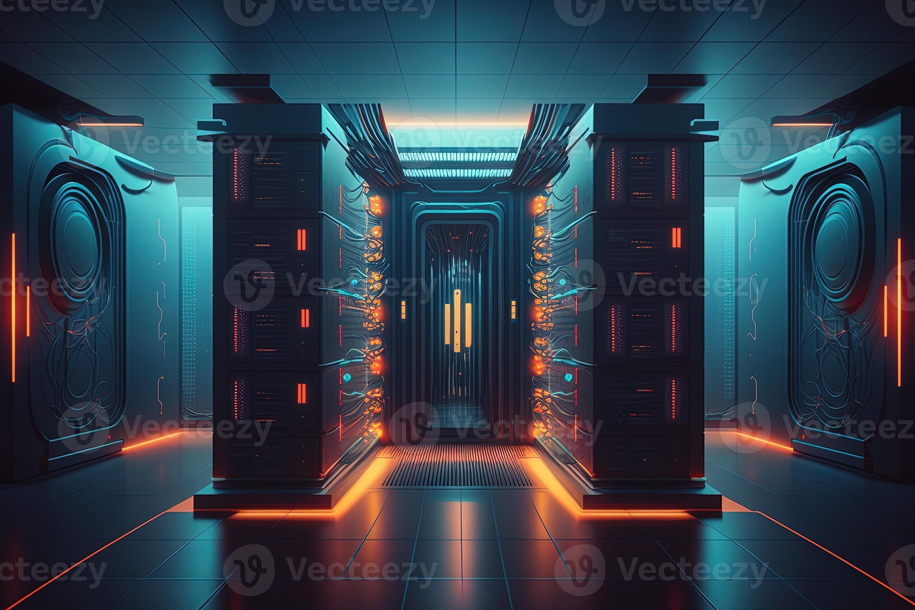 Data Center Room With Mainframe Storage Servers Cloud Network Concept Hosting Databases And