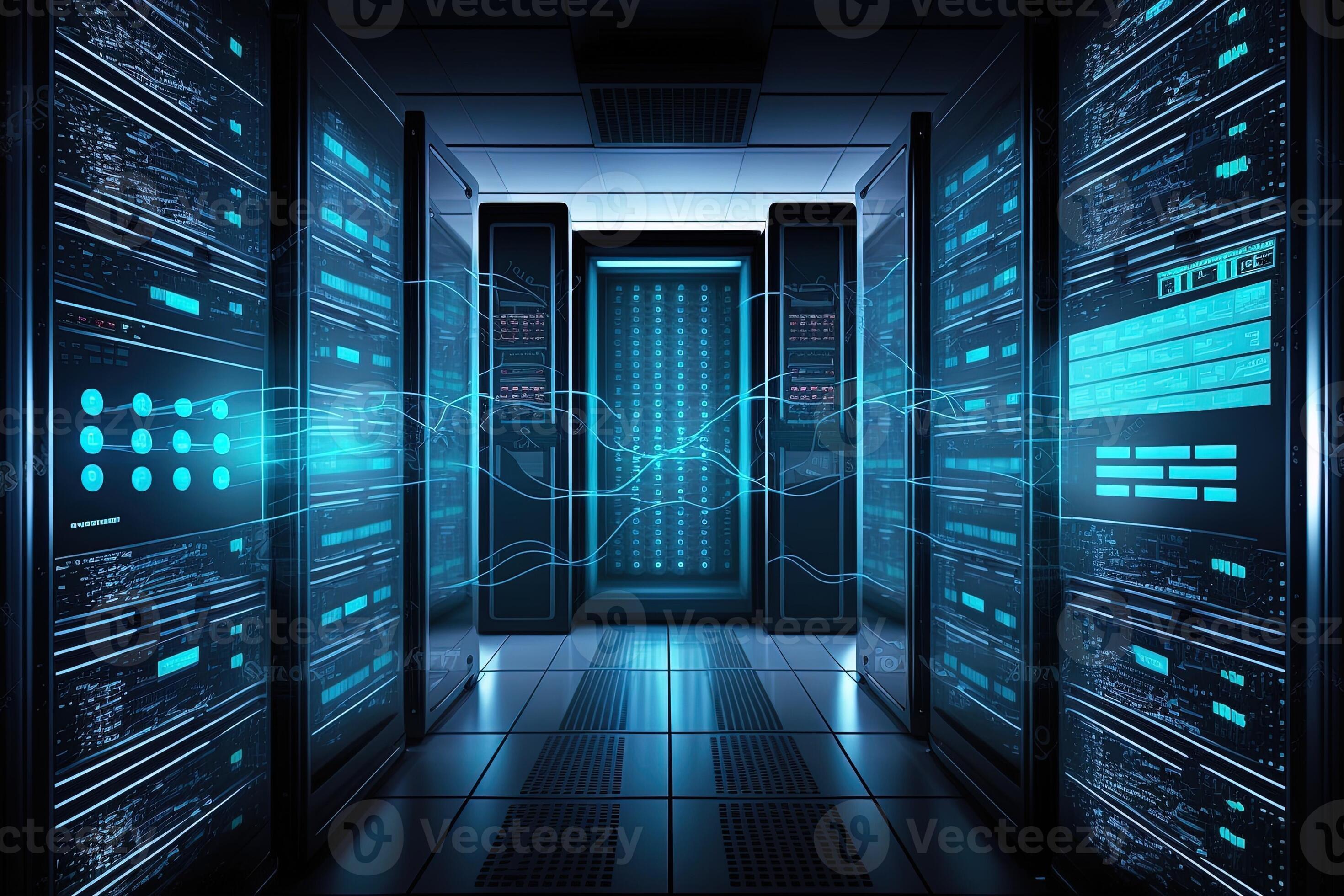 Data Center Room With Mainframe Storage Servers Cloud Network Concept Hosting Databases And